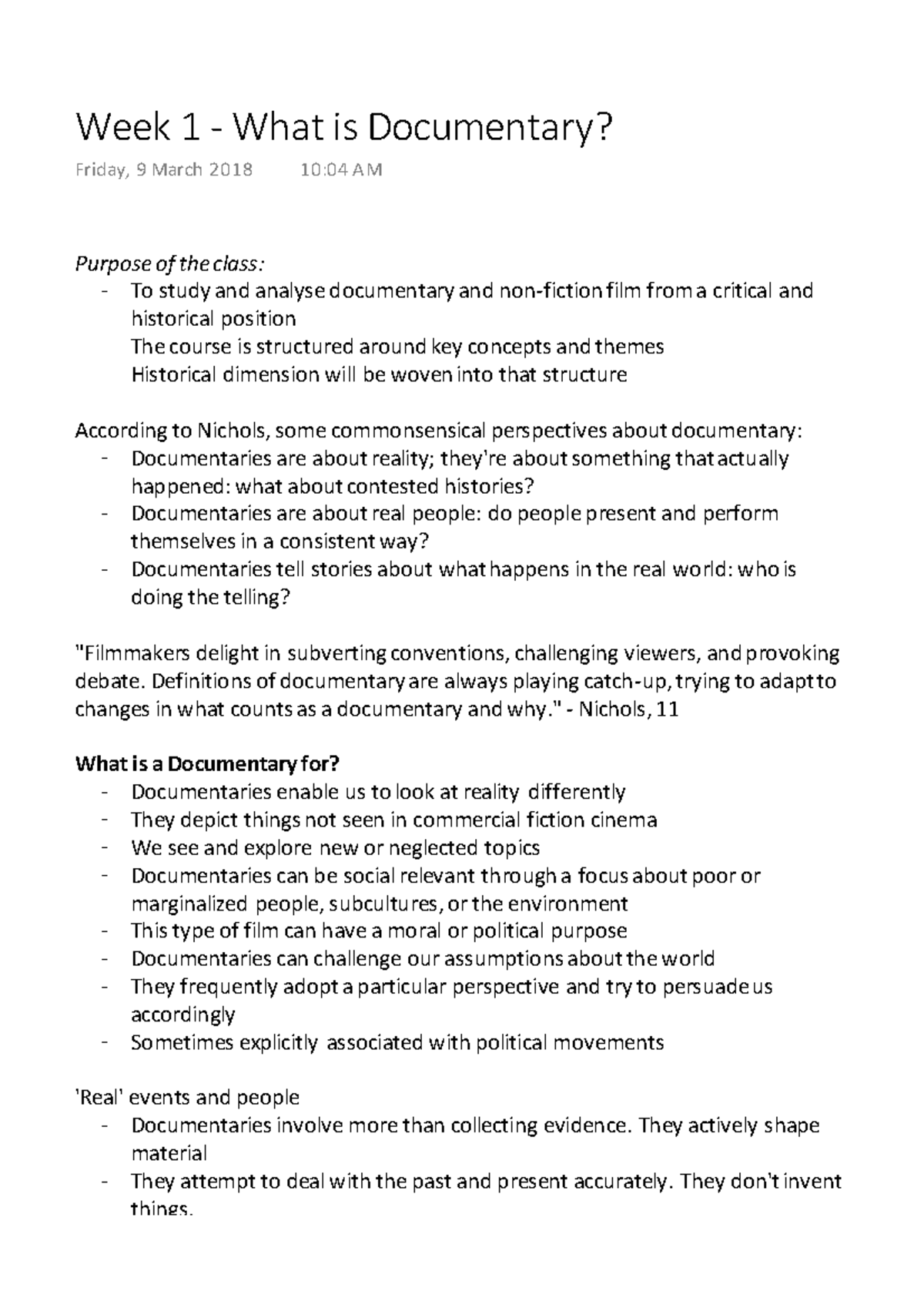 Week 1 - What is Documentary - To study and analyse documentary and non ...
