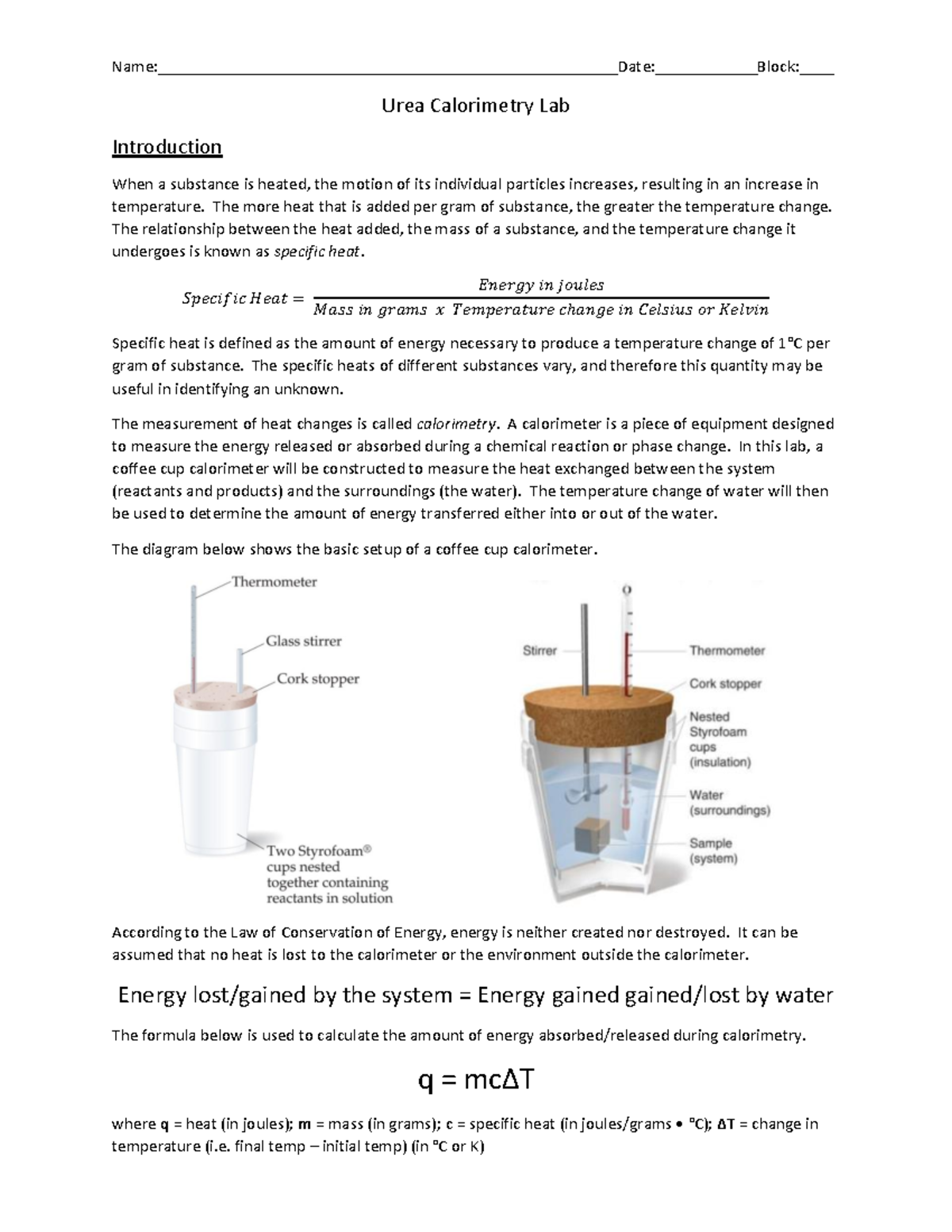Urea calorimetry lab - Good luck - - Studocu
