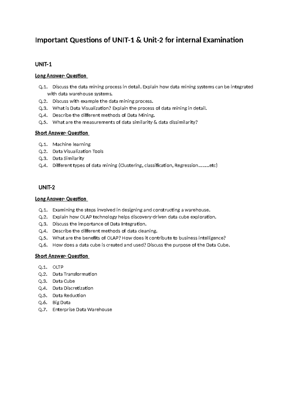 Data Mining imp Q - no details - Important Questions of UNIT-1 & Unit-2 for internal Examination ...