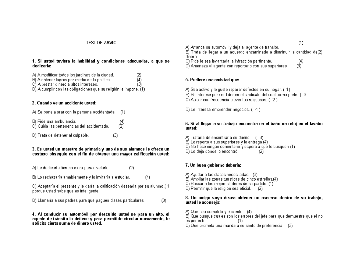 495320395 test de zavid respondido - TEST DE ZAVIC 1. Si usted tuviera ...