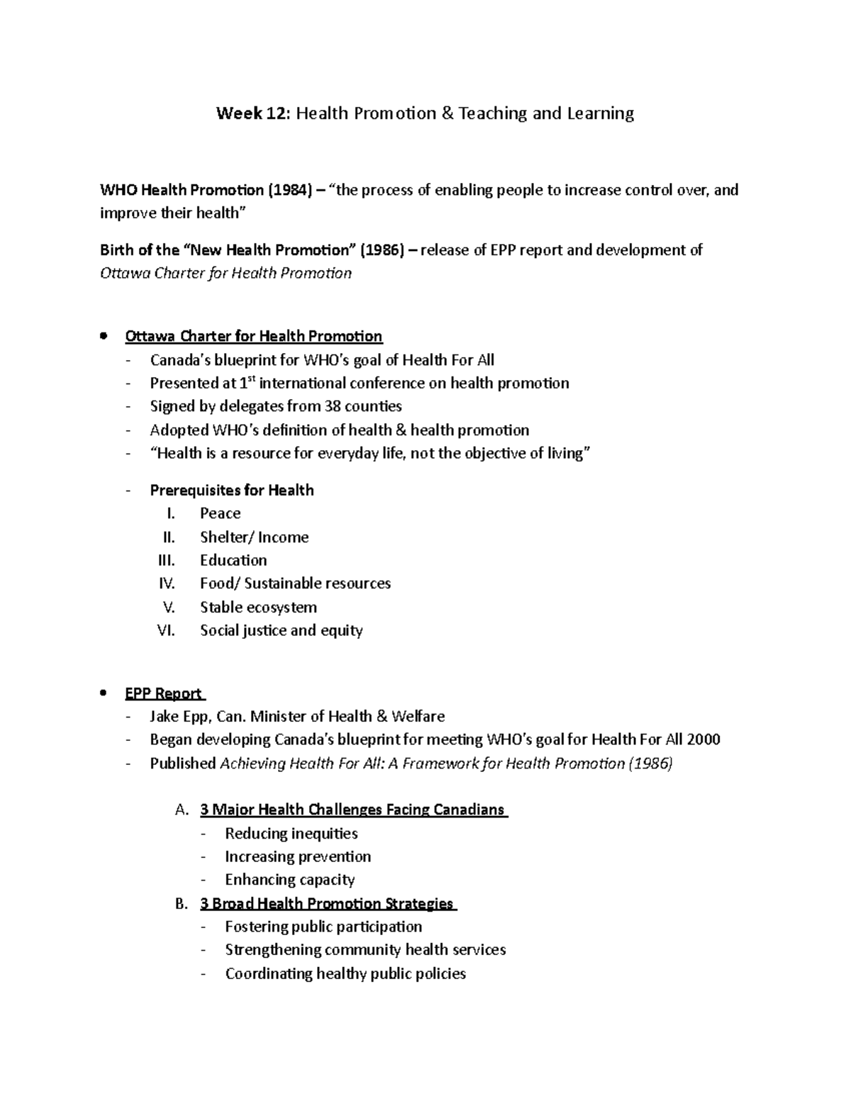 12 Health Promotion & Teaching and Learning - Week 12: Health Promotion ...