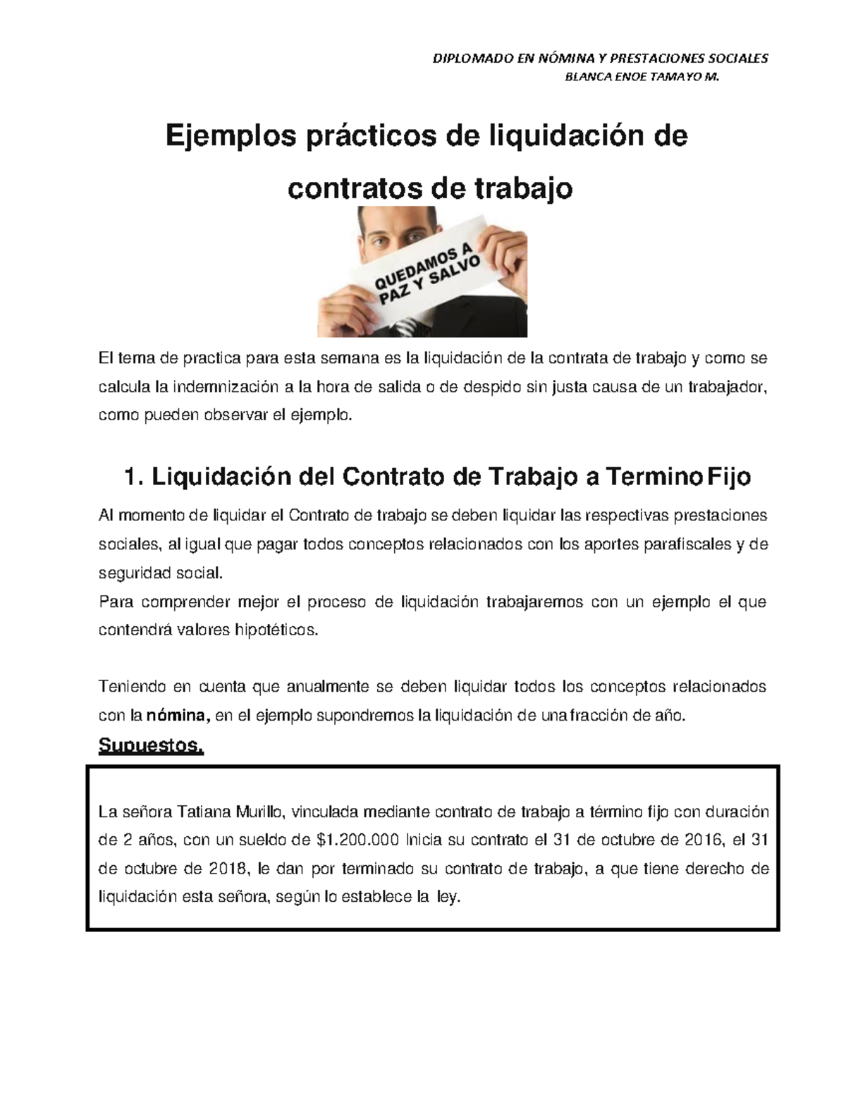 Ejemplos pràcticos sobre liquidaciòn de contratos de trabajo - semana ...