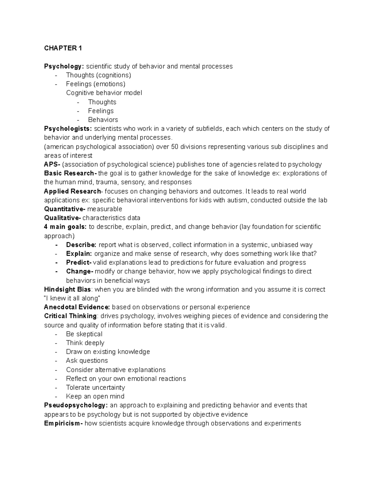 PSY 101 Chapter 1 part 1 - CHAPTER 1 Psychology: scientific study of behavior and mental ...
