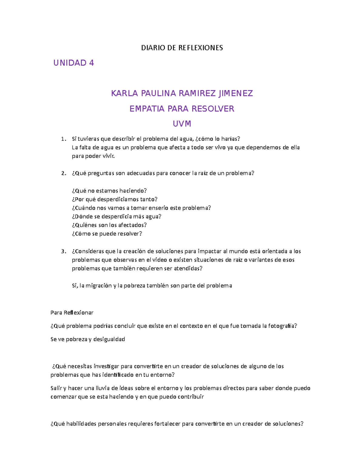 Diario 4 - DIARIO DE REFLEXIONES UNIDAD 4 KARLA PAULINA RAMIREZ JIMENEZ EMPATIA PARA RESOLVER ...