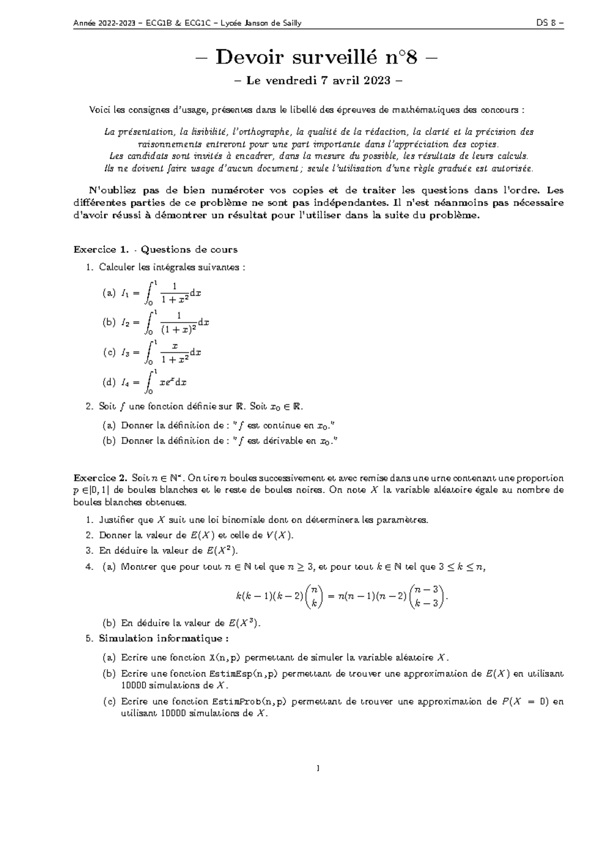 DS8 corrigé - Ann ́ee 2022-2023 – ECG1B & ECG1C – Lyc ́ee Janson de Sailly DS 8 – – Devoir - Studocu