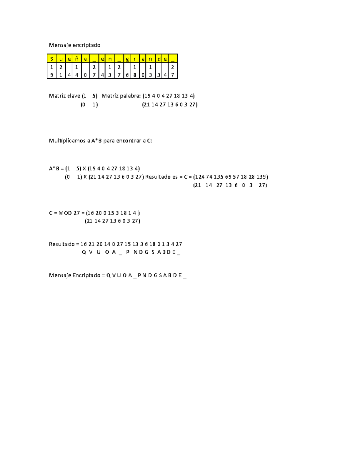 Mensaje encriptado - hola - Mensaje encriptado S u e ñ a _ e n _ g r a ...