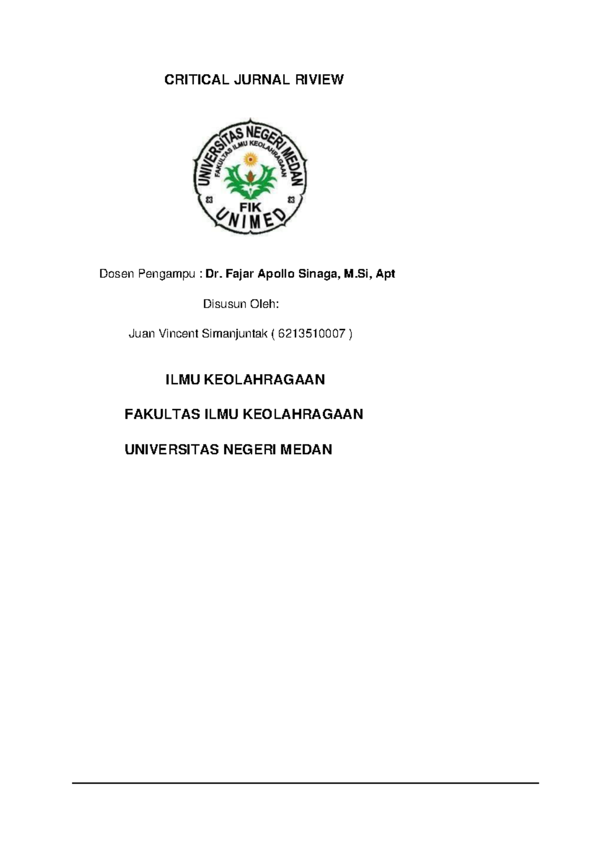CJR Biokimia Olahraga-JUAN - CRITICAL JURNAL RIVIEW Dosen Pengampu : Dr ...