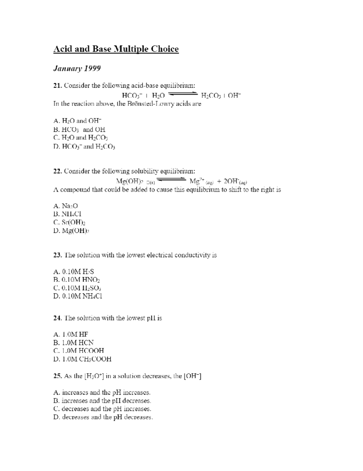 Unit IV Acid and Base Multiple Choice - Chemical Engineering - Studocu