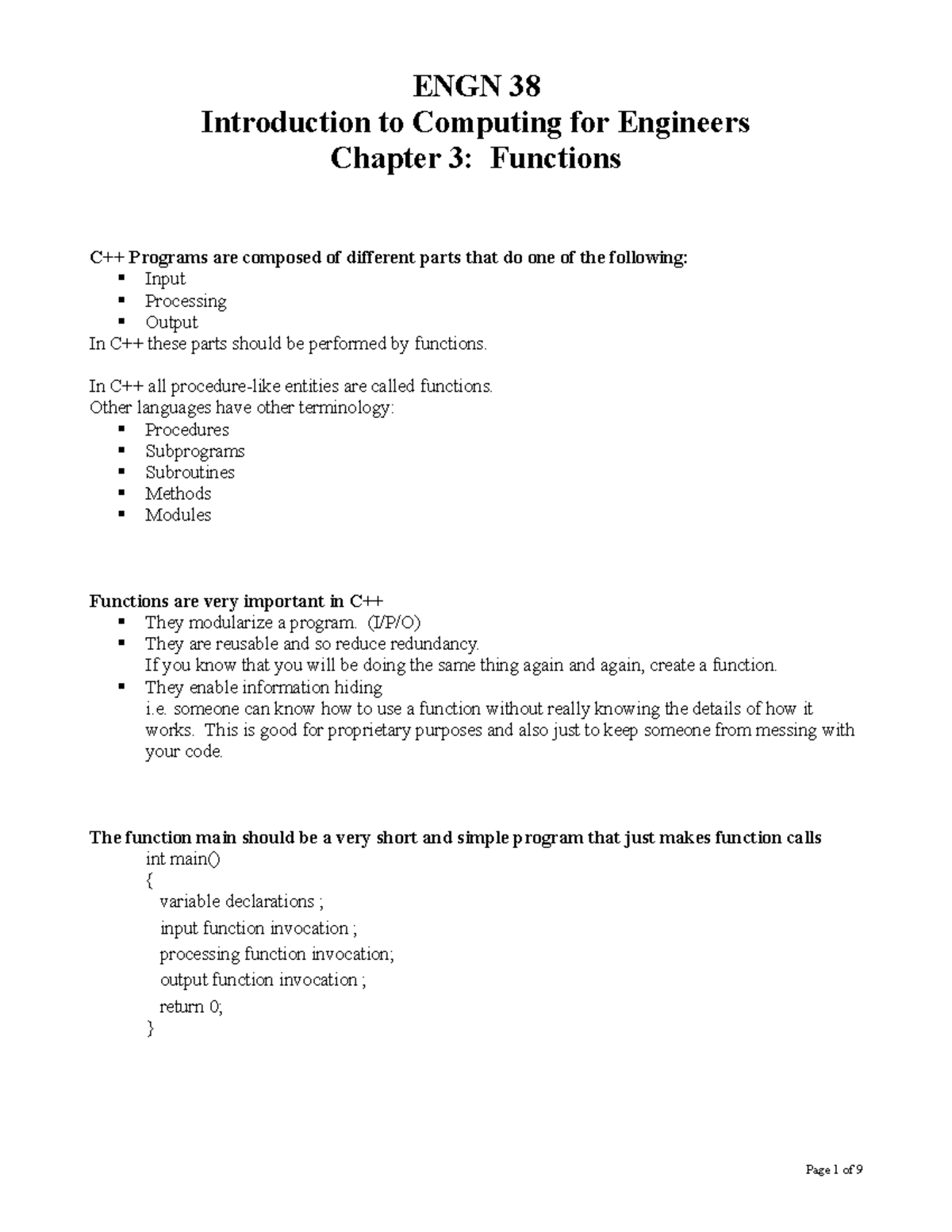 Functions Summary - Wendy Kaufmyn - ENGN 38 Introduction to Computing ...