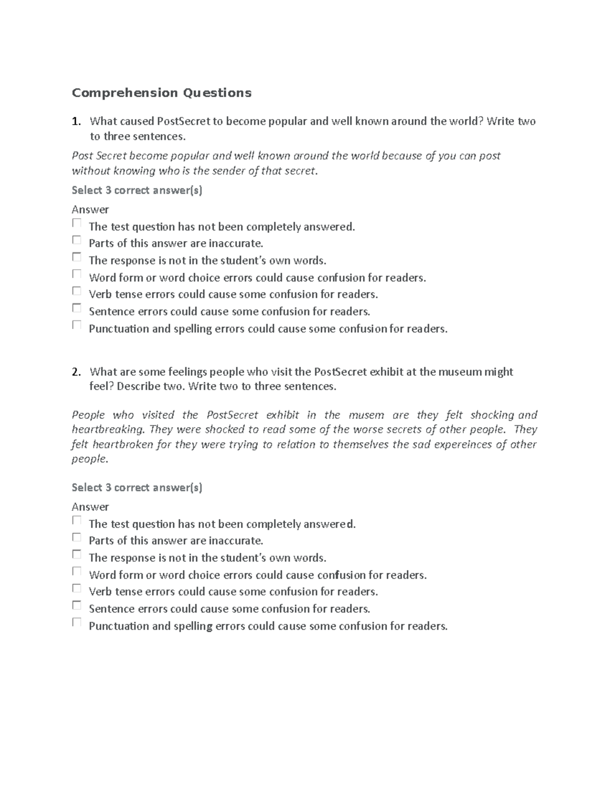 Revision Test Sample Questions Comprehension Questions What Caused