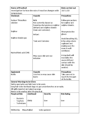 Risk Assessment RP2 - Name of Practical Measurement of an enthalpy ...