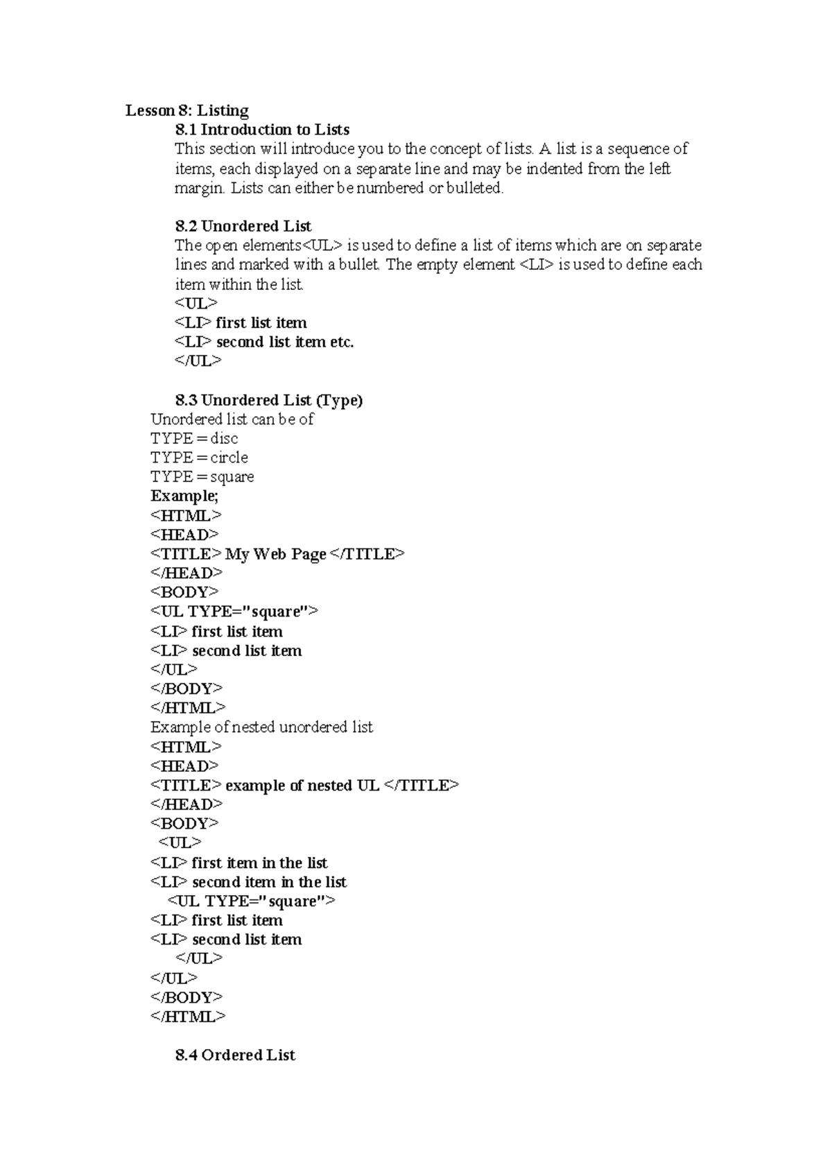 L8 introduction to lists - Lesson 8: Listing 8 Introduction to Lists ...