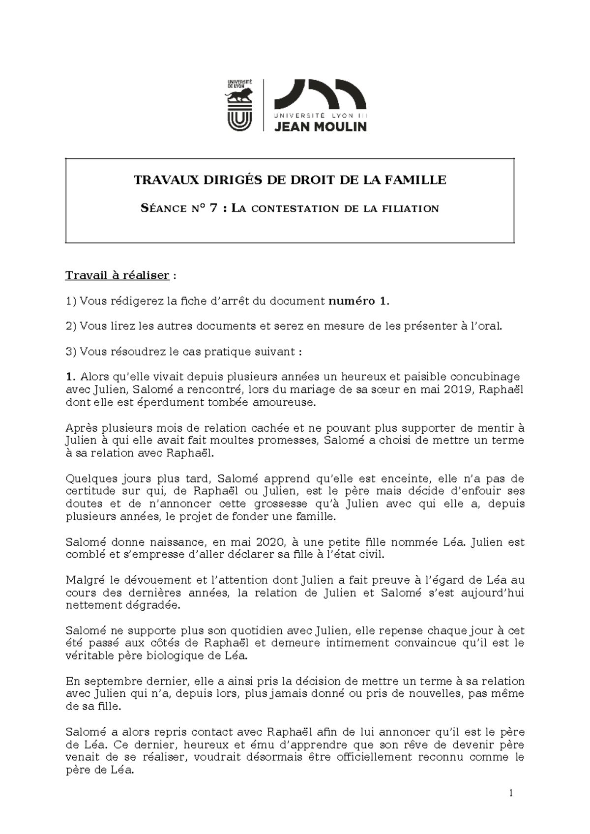Fiche TD 7 La contestation de la filiation - TRAVAUX DIRIGÉS DE DROIT ...