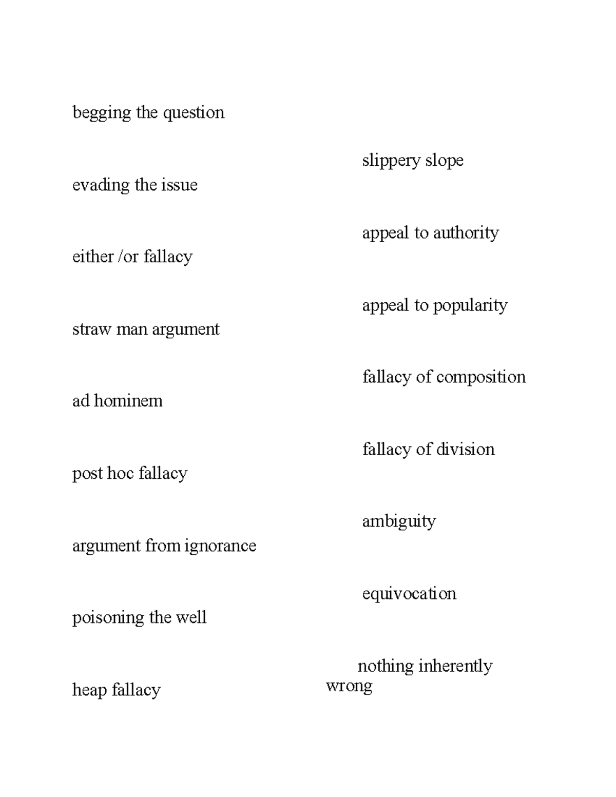 Argumentative Fallacies - classroom slips - begging the question ...