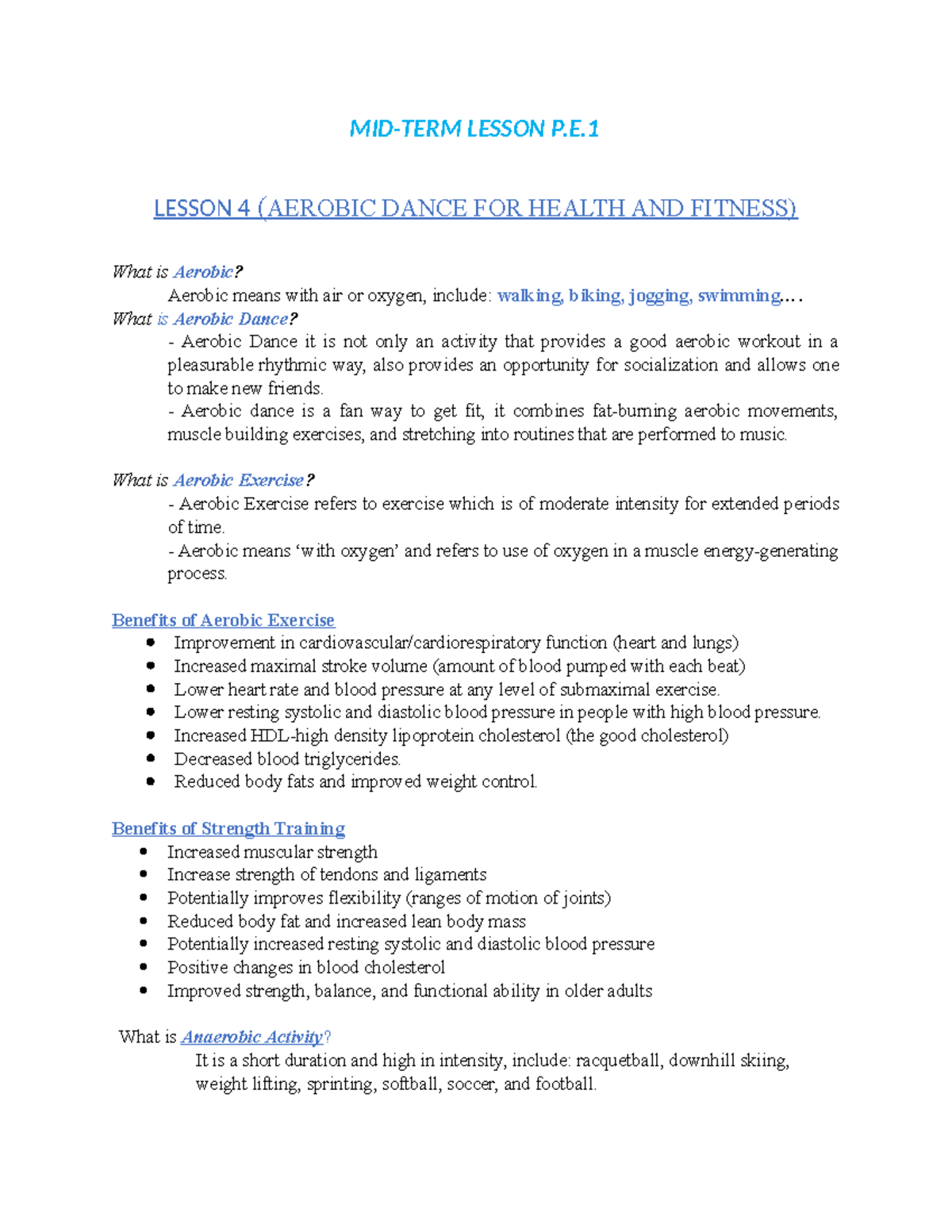 Physical education 1 - MID-TERM LESSON P. LESSON 4 (AEROBIC DANCE FOR ...