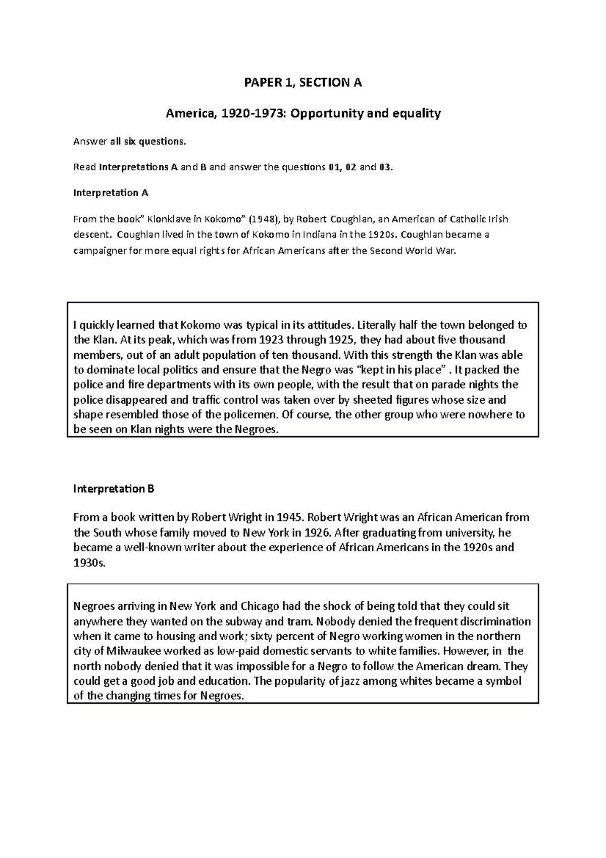 Exemplar GCSE Question AND Answers - PAPER 1, SECTION A America, 1920 ...