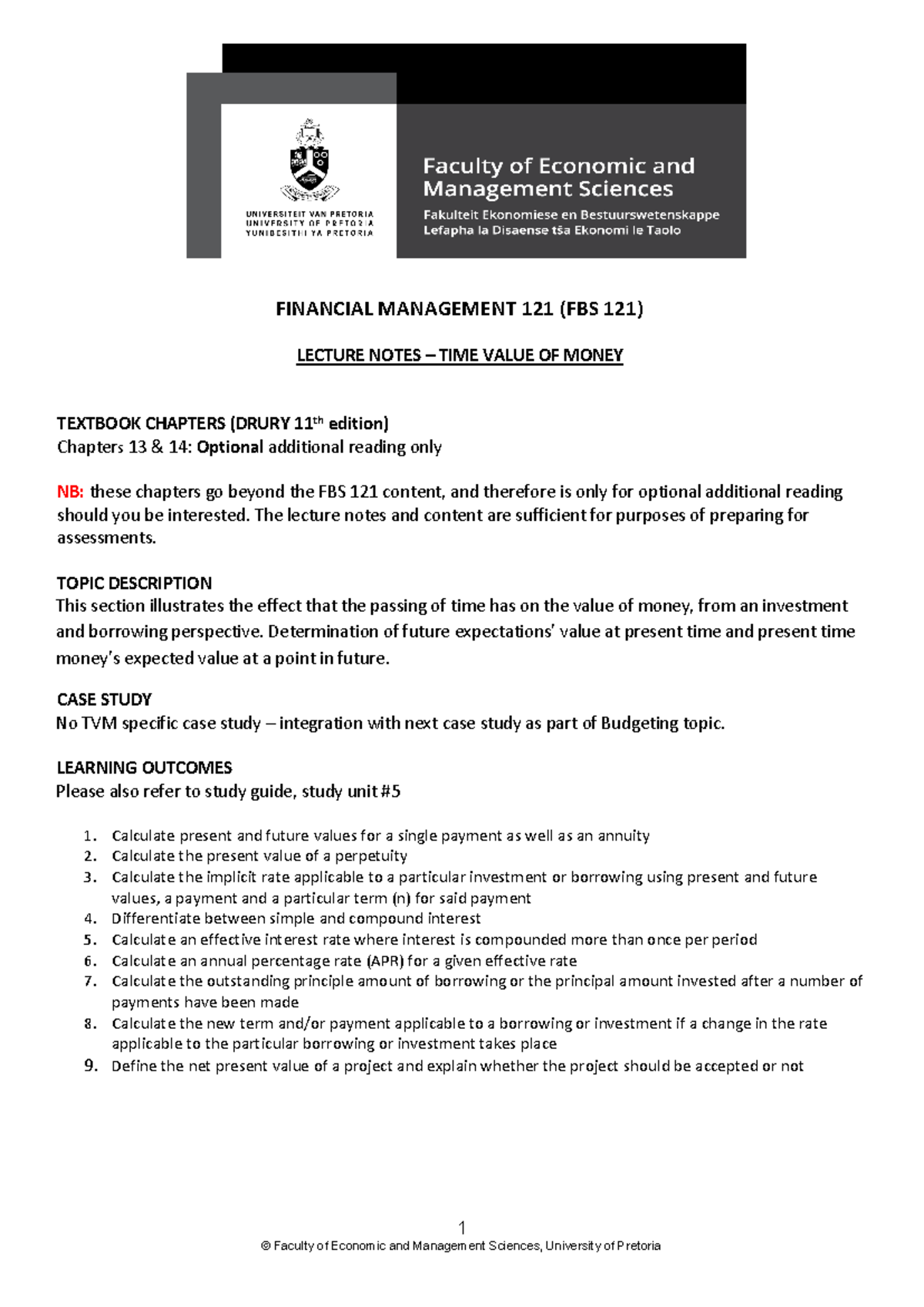 LA 2 Handout Time value of money - 1 FINANCIAL MANAGEMENT 121 (FBS 121 ...