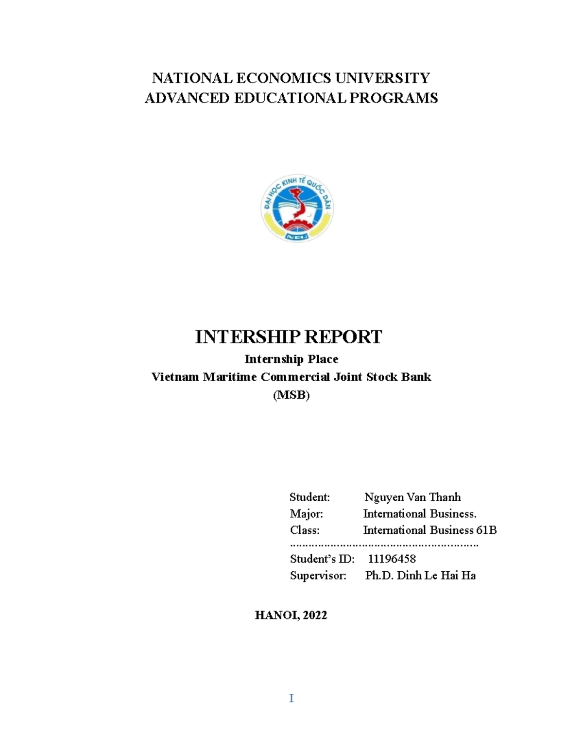 Intership Report - intern at MSB - NATIONAL ECONOMICS UNIVERSITY ...