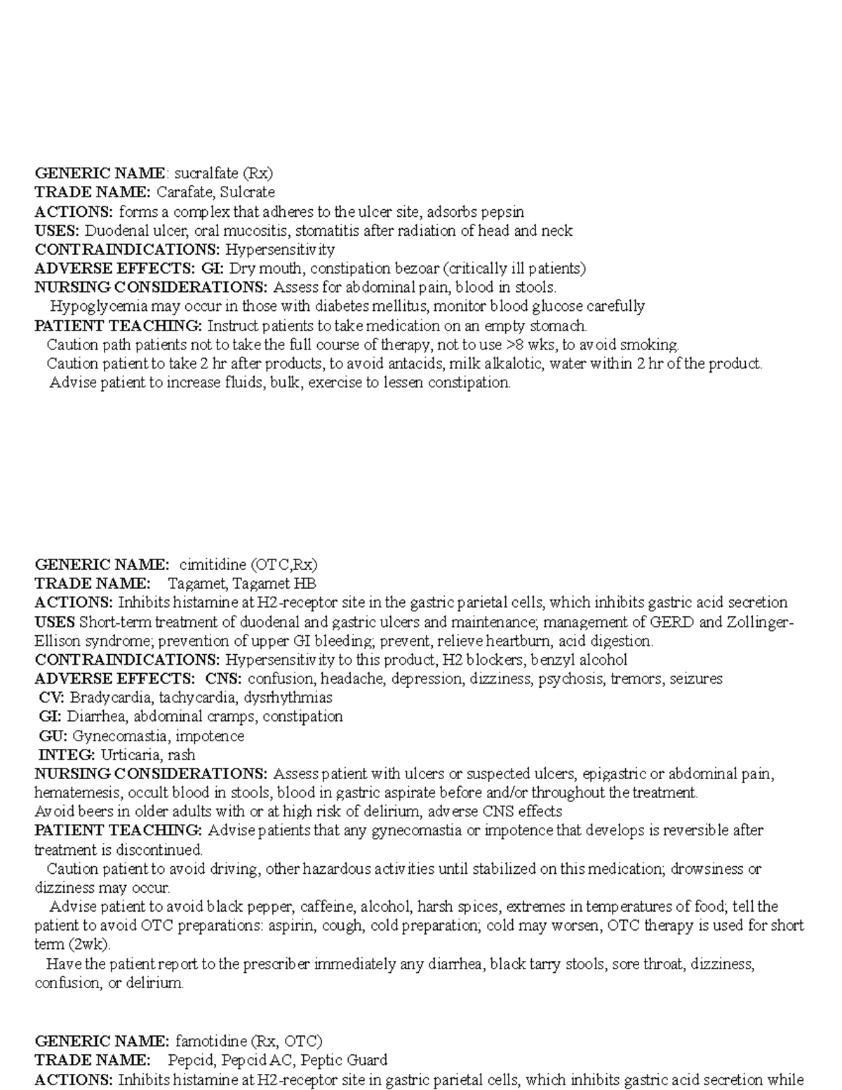 Medication cards GI - GENERIC NAME : sucralfate (Rx) TRADE NAME ...