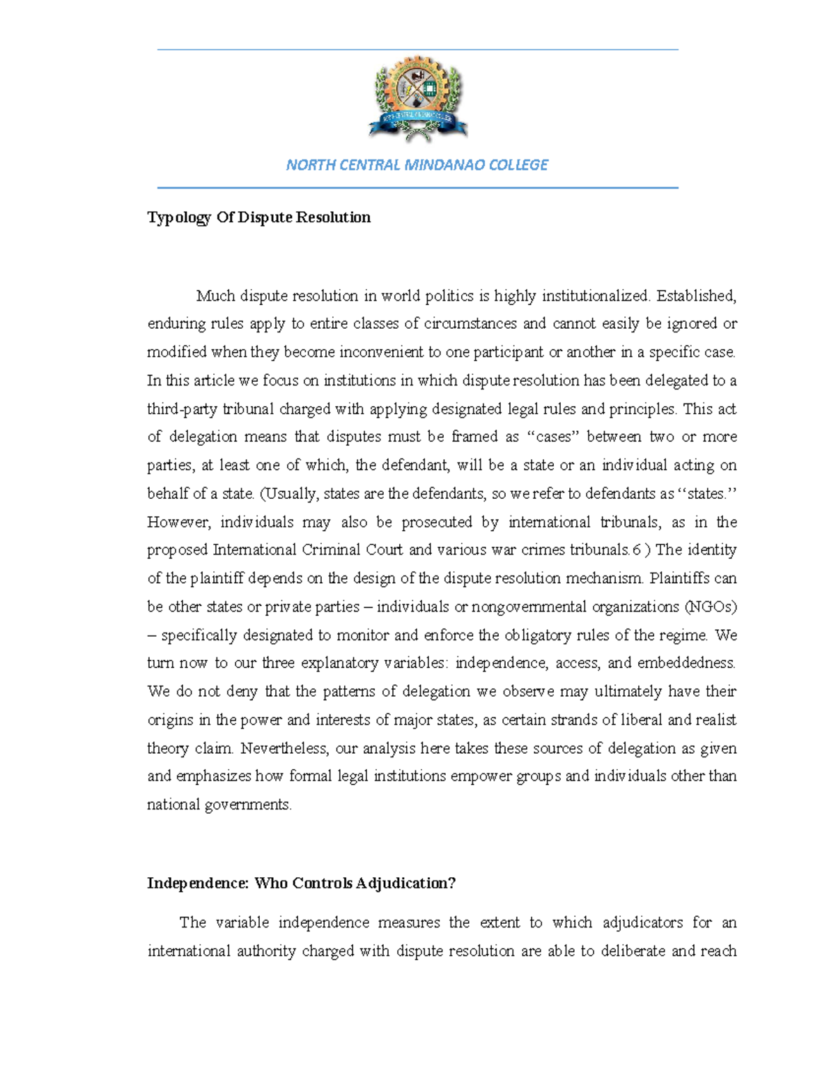 GEC 100 Typology Of Dispute Resolution - Typology Of Dispute Resolution ...