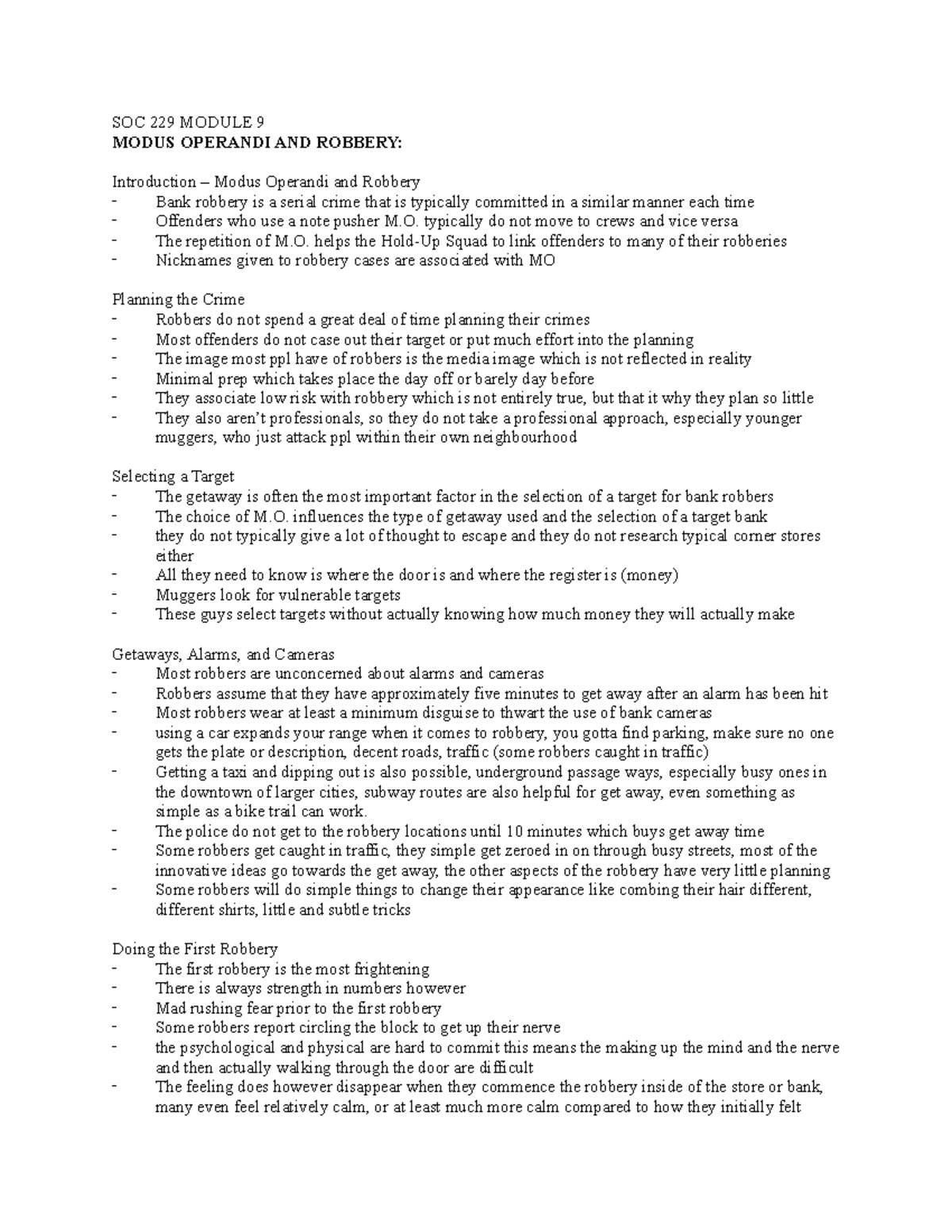 Module 9 lecture notes - SOC 229 MODULE 9 MODUS OPERANDI AND ROBBERY ...