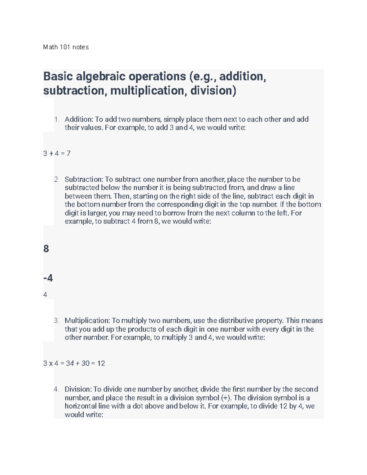 Math 101 Notes part 2 - Math 101 notes Basic algebraic operations (e ...