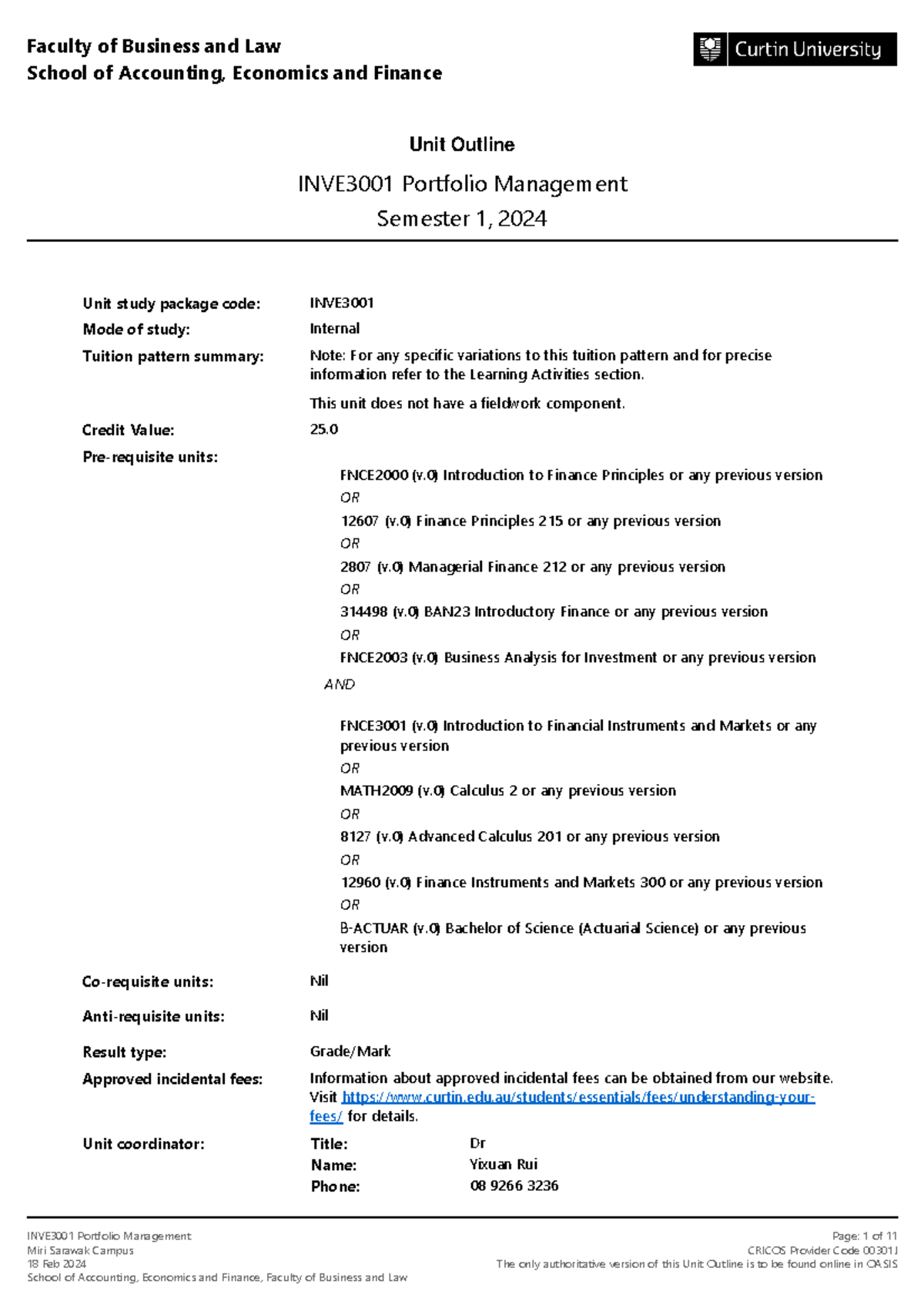 INVE3001 Portfolio Management Semester 1 2024 Miri Sarawak Campus INT - Unit study package code ...