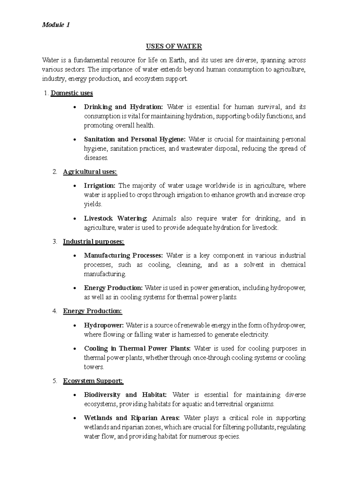 3.USES OF Water - Module 1 USES OF WATER Water is a fundamental ...
