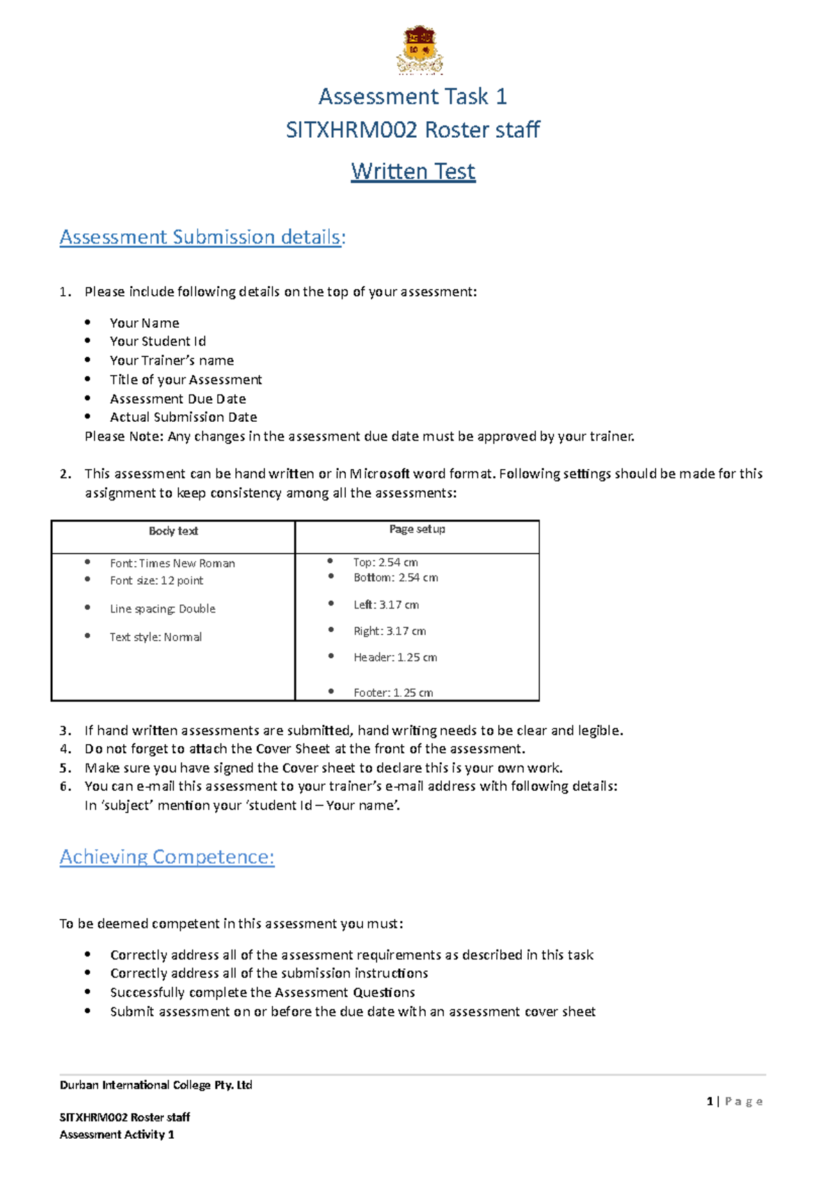 AT1 Roster staff - All based on assignmnets - Assessment Task 1 ...