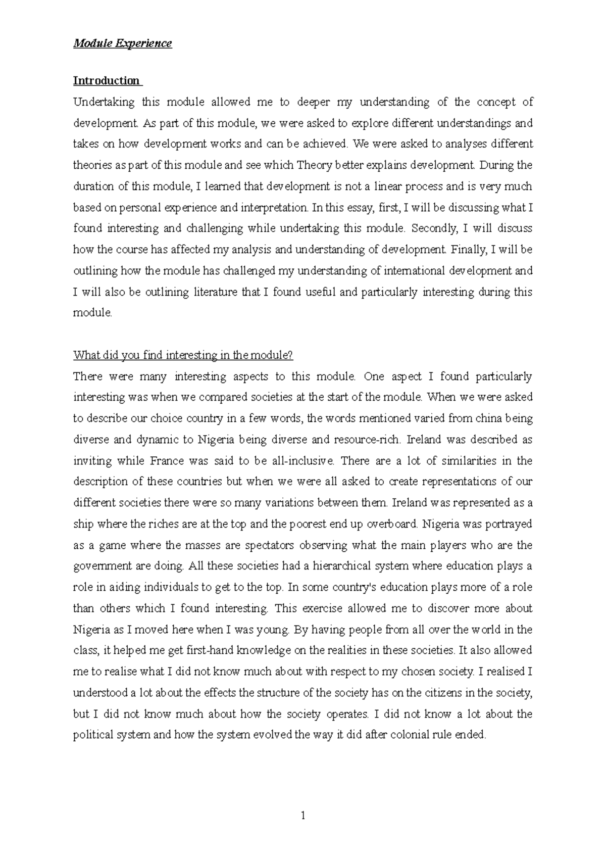 Module Experience Assignment - Introduction Undertaking this module ...