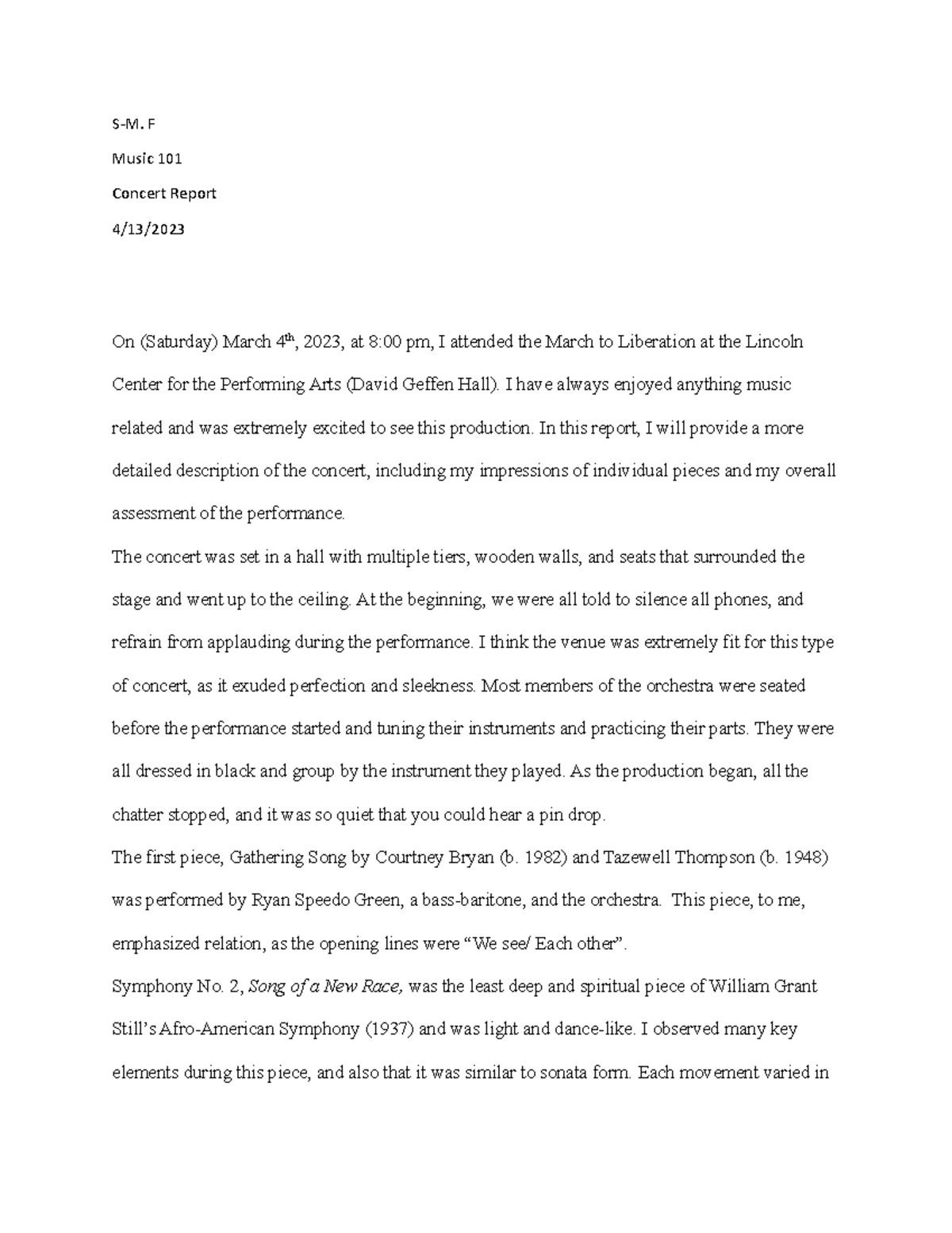 SM.F, MUS 101-Concert Report - S-M. F Music 101 Concert Report 4/13/ On ...