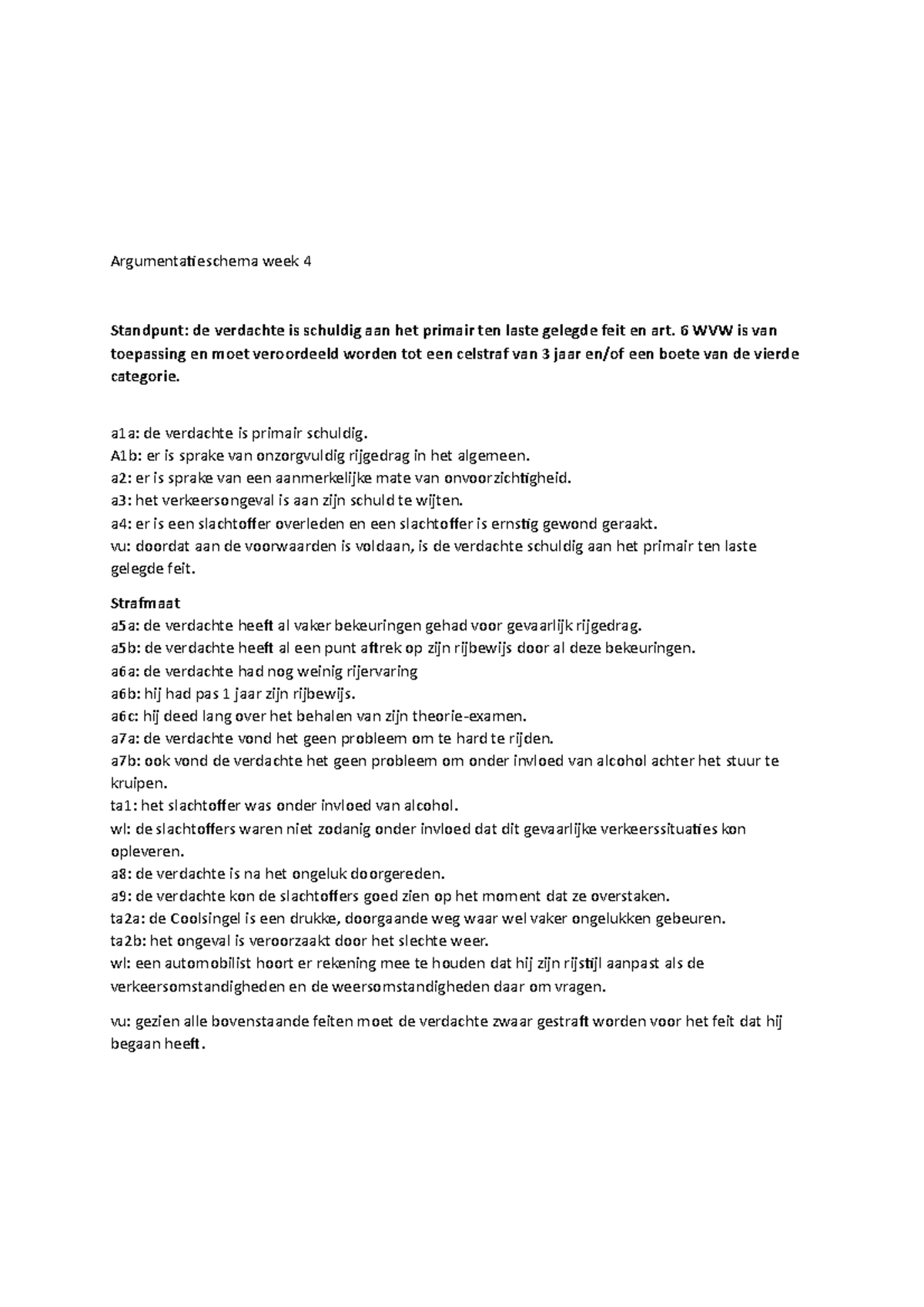 Argumentatieschema week 4 - 6 WVW is van toepassing en moet veroordeeld ...