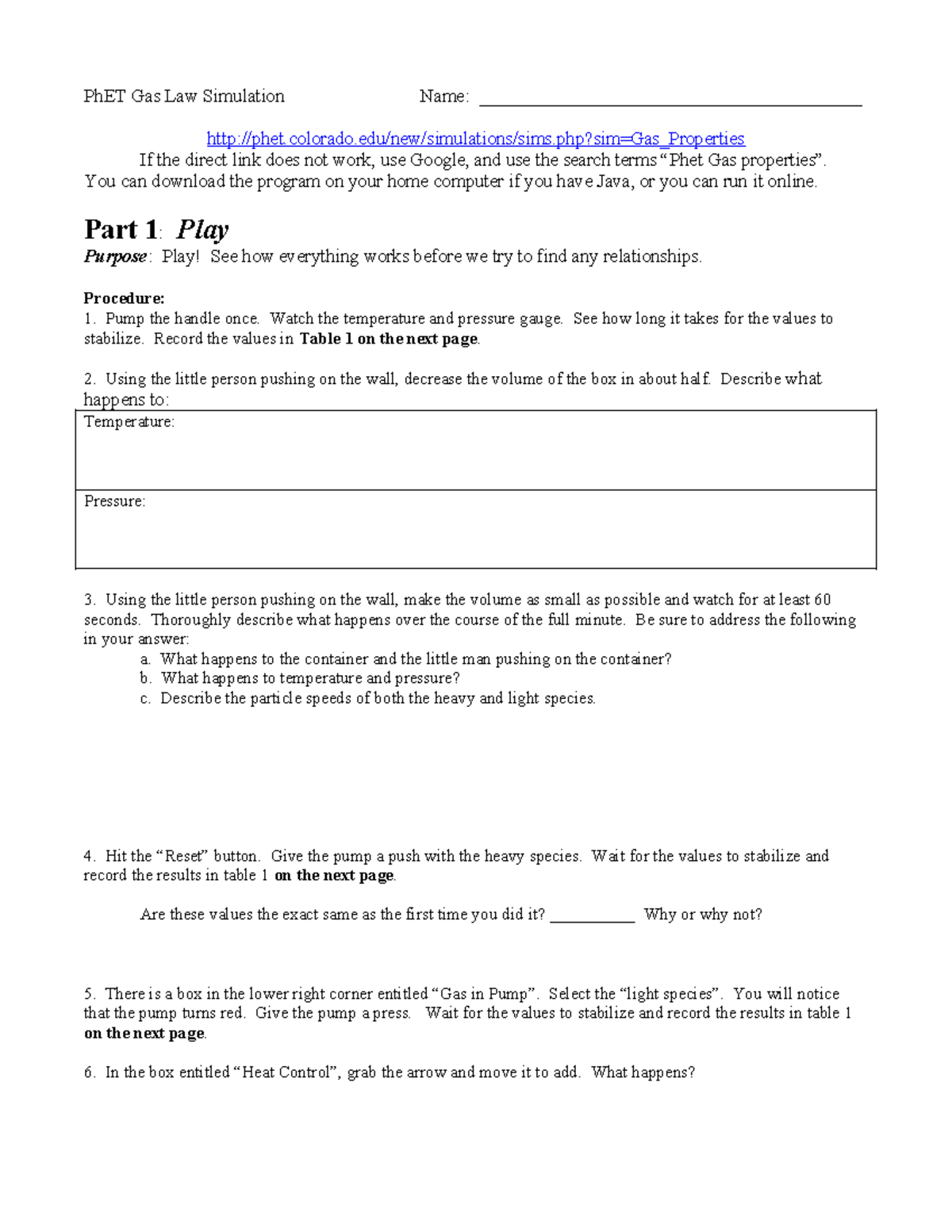 PHet Gas Law Simulation 2010 - PhET Gas Law Simulation Name: - Studocu