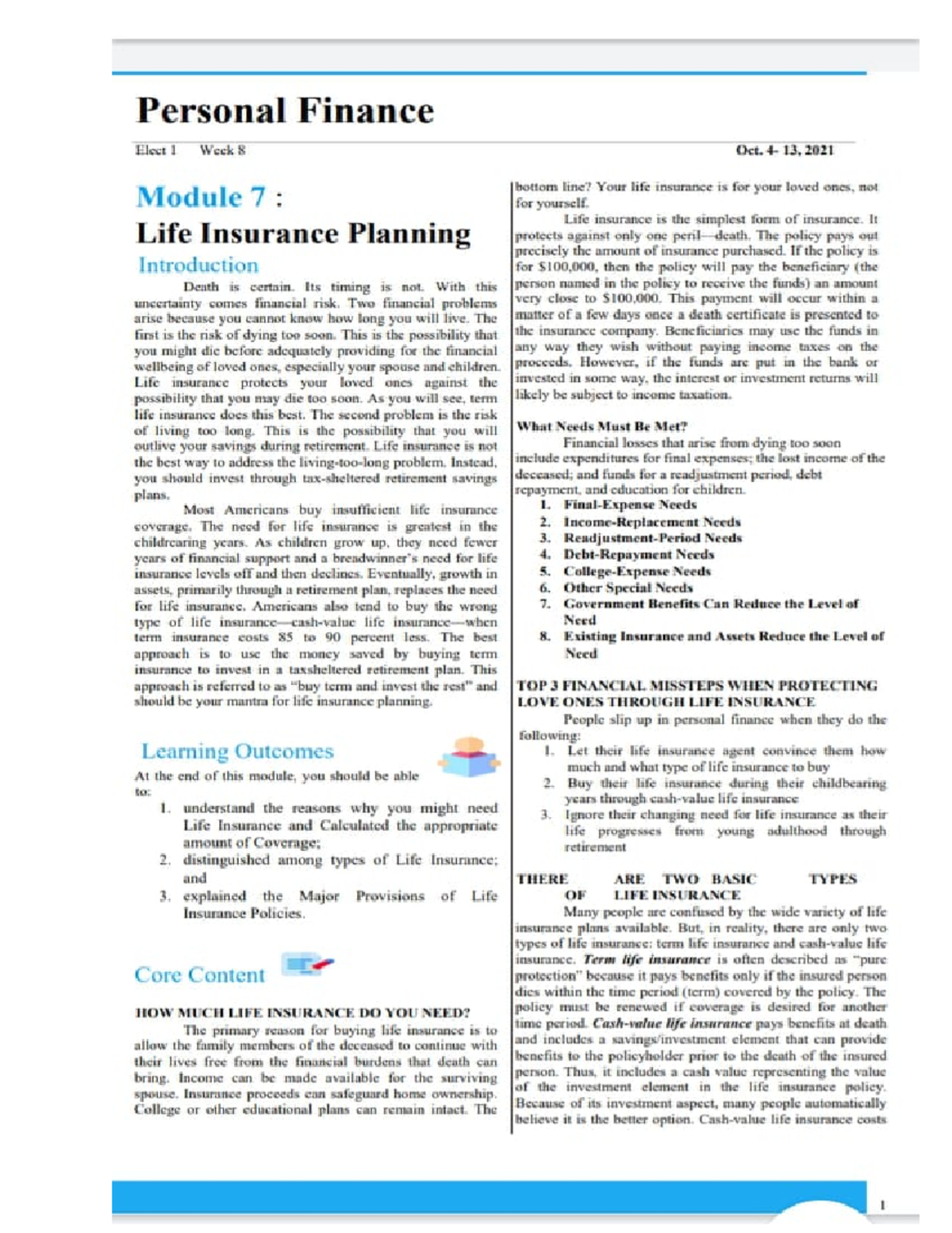 Module 7 Life Insurance Planning - Bachelor of Elemtary Education - Studocu