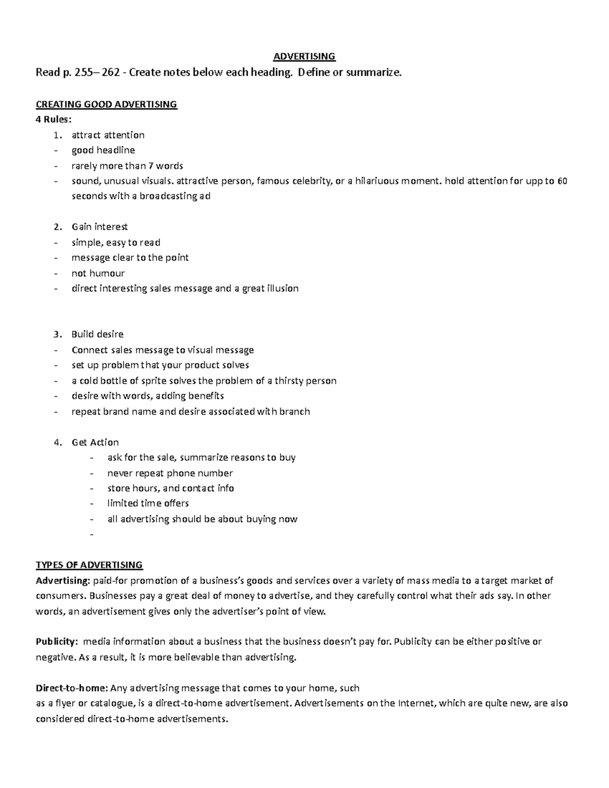 Advertising Textbook Notes - ADVERTISING Read p. 255– 262 - Create ...