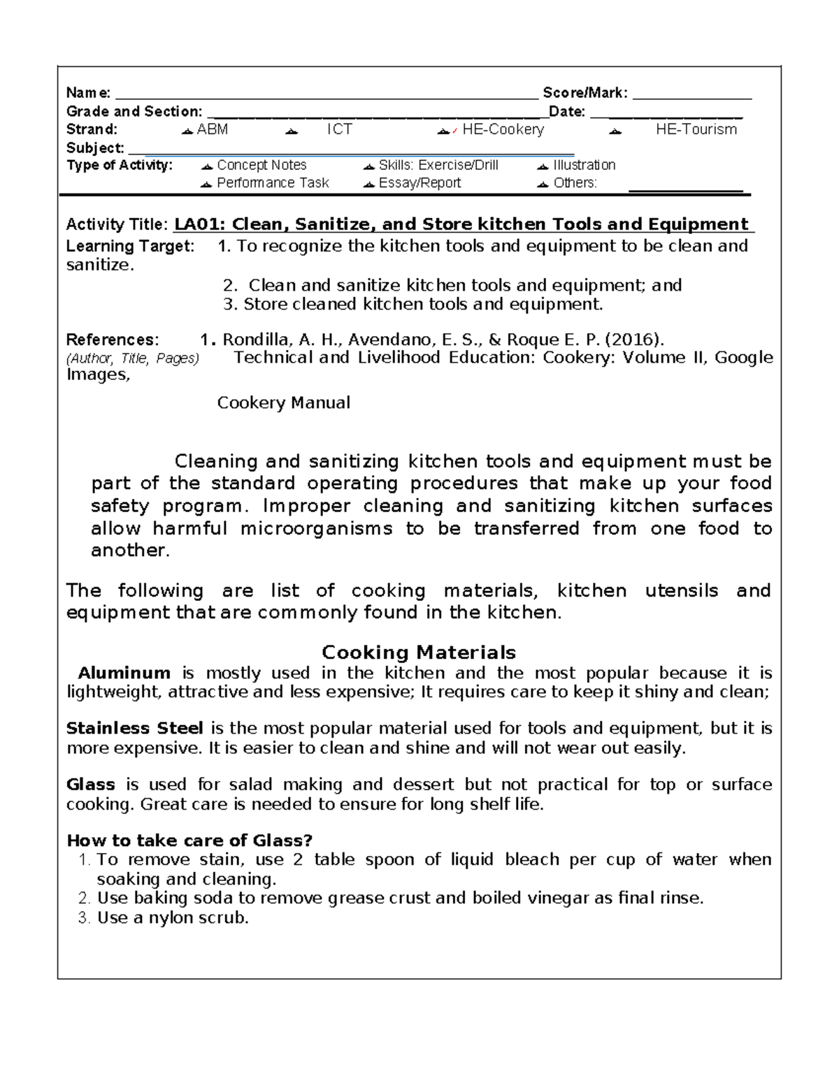 Cookery I Q1-1 LAS - a lecture note - Name: Score/Mark: Grade and ...