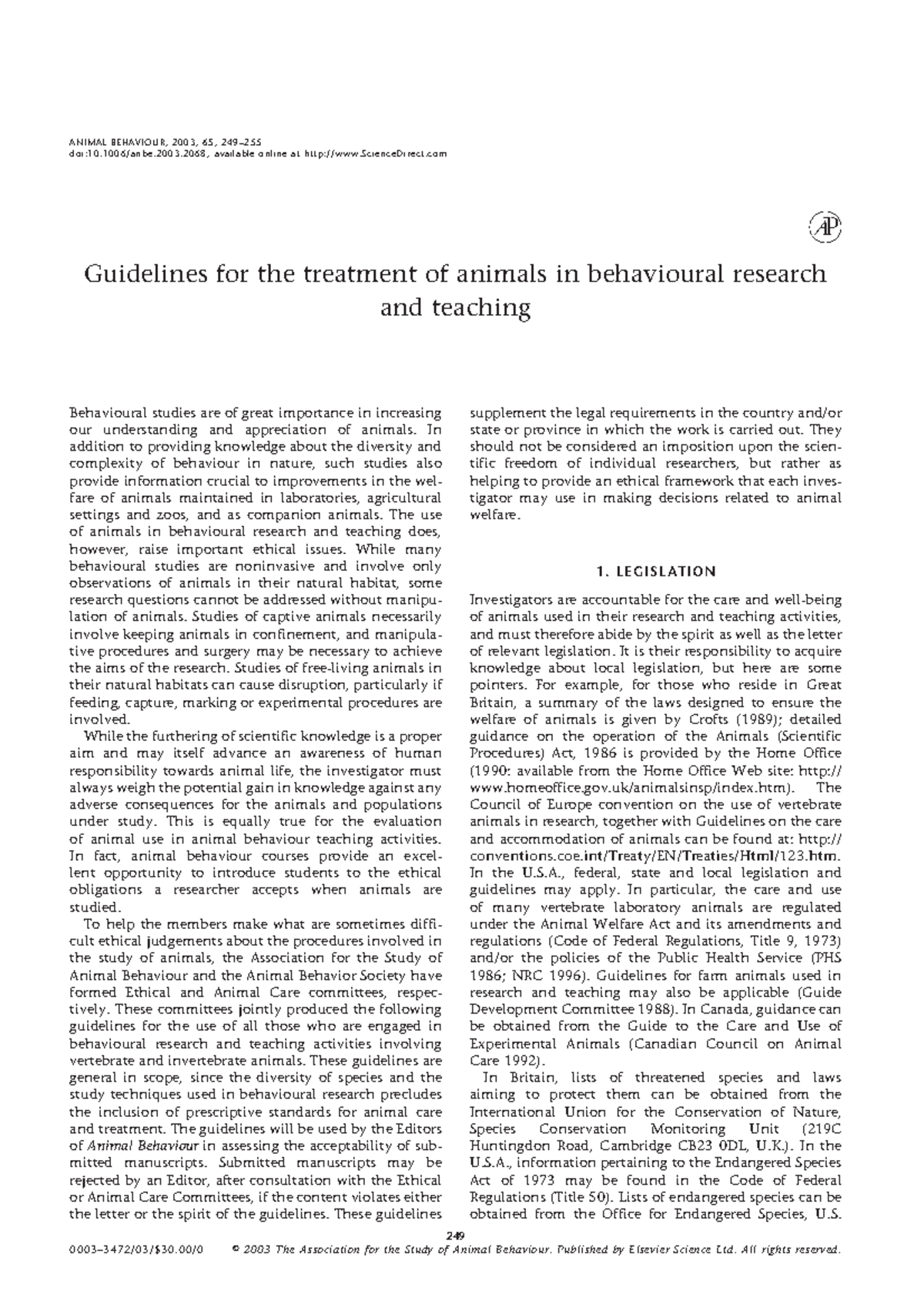 Guidelines for the treatment of animals ...