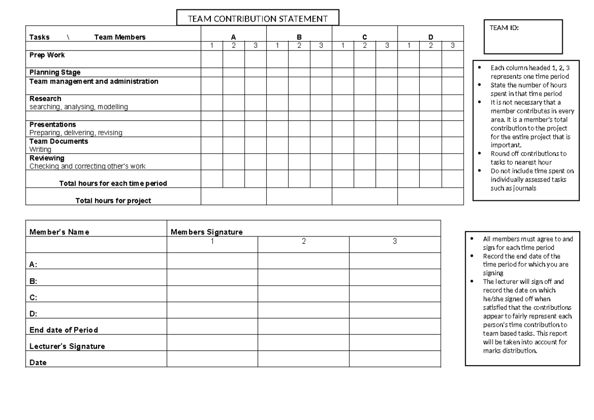 Team Member Contribution Statement - Tasks \ Team Members A B C D 1 2 3 ...