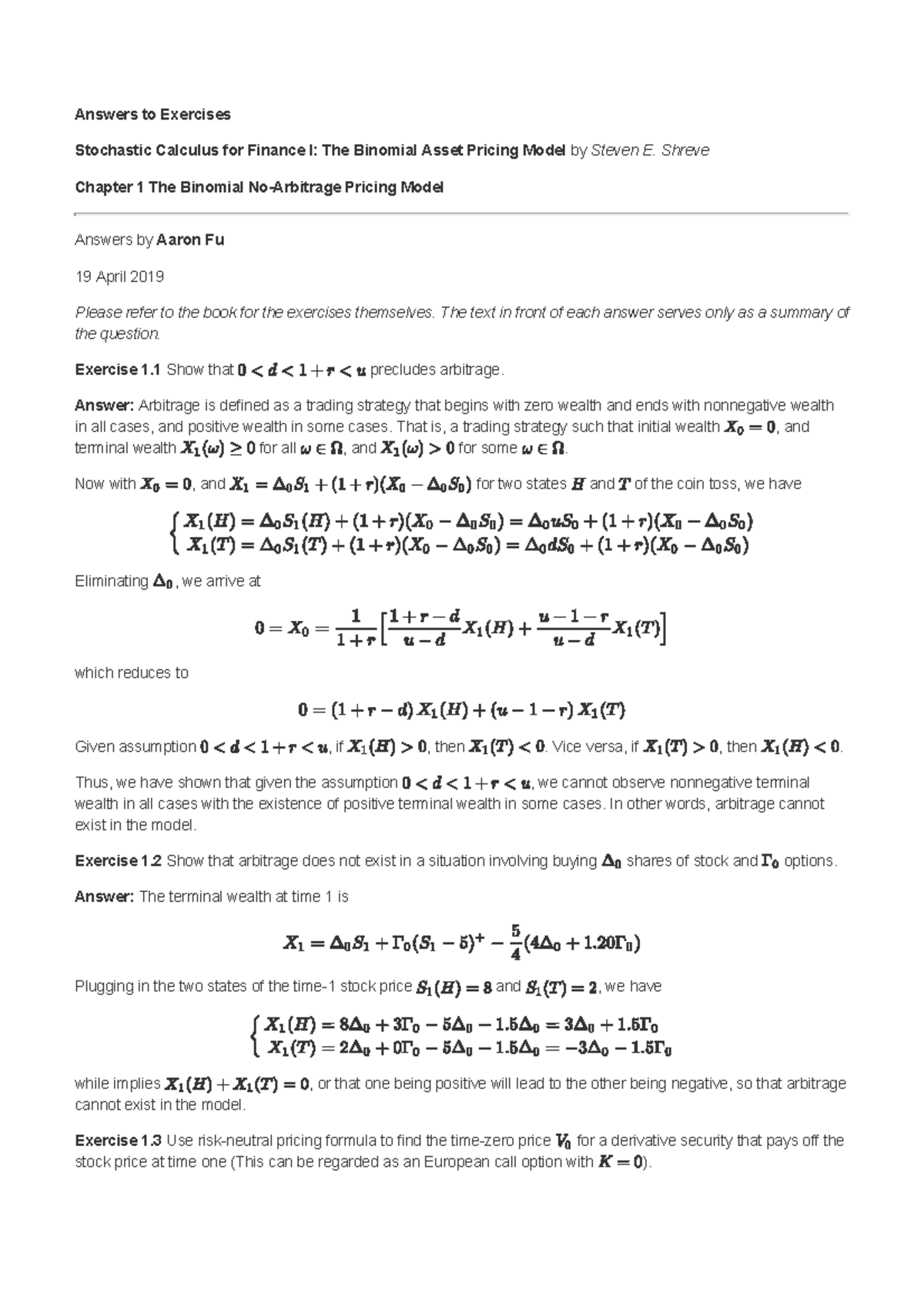 101-binomial - finacne' - Answers to Exercises Stochastic Calculus for ...