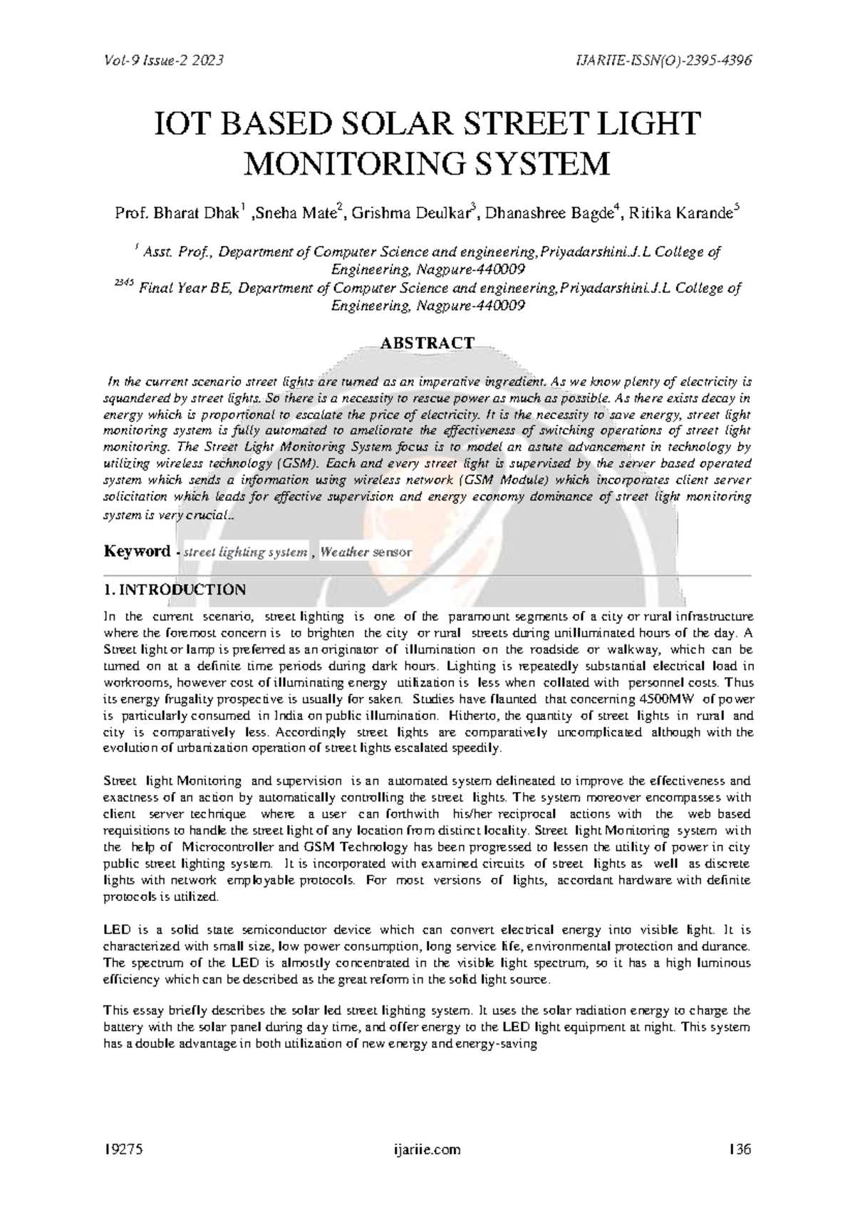 IOT Based Solar Street Light Monitoring System ijariie 19275 - IOT ...