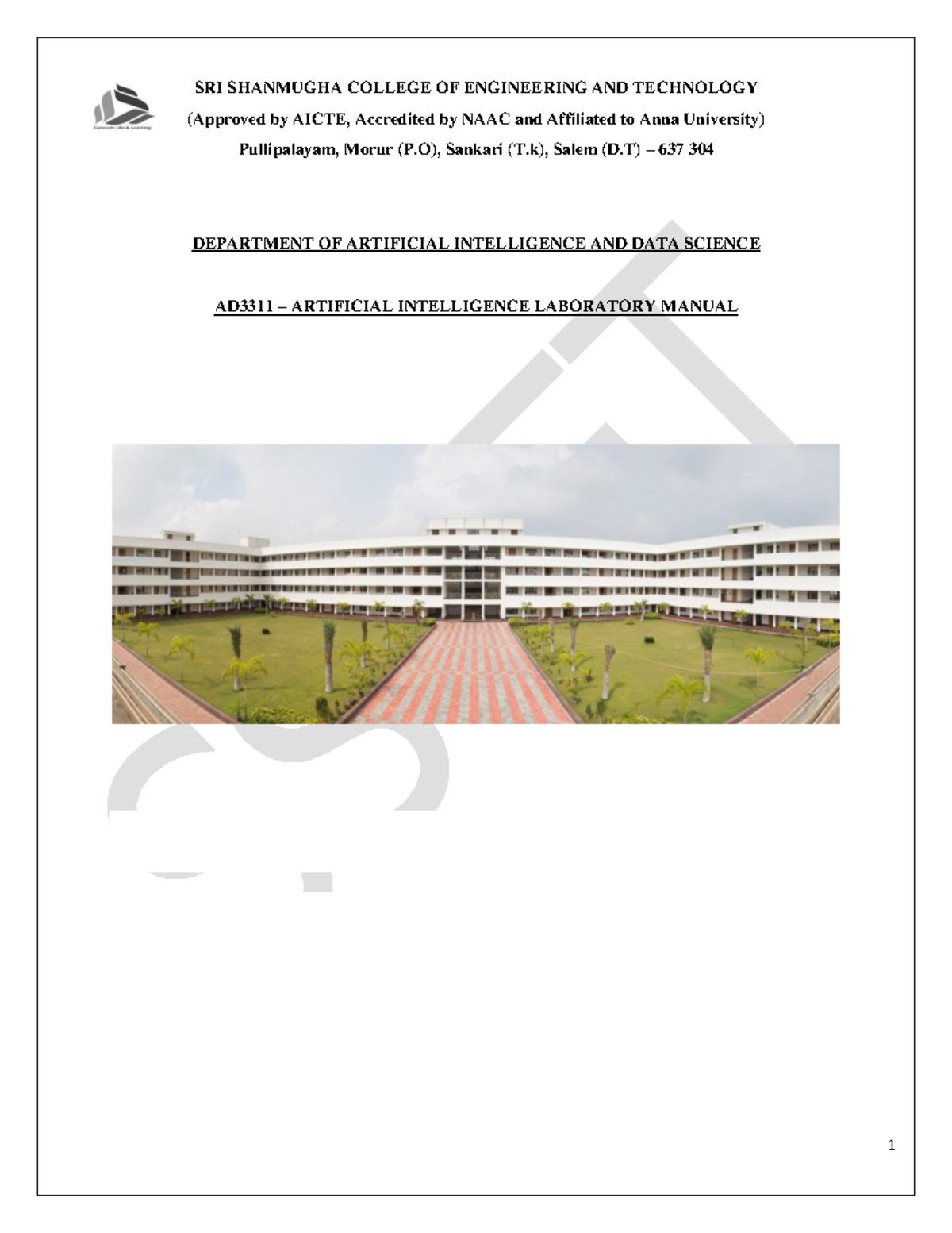 AD3311 - AI LAB Manual - rwgjop - SRI SHANMUGHA COLLEGE OF ENGINEERING AND TECHNOLOGY (Approved ...