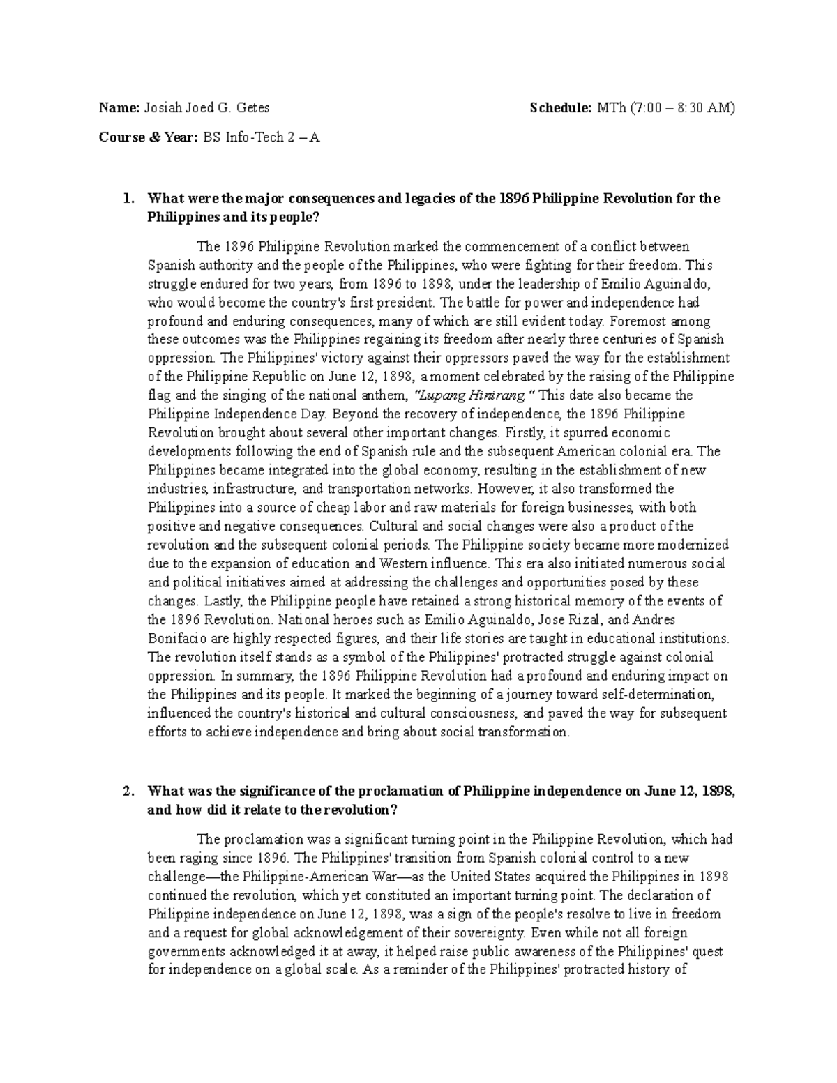 Rizal- Paper - Name: Josiah Joed G. Getes Schedule: MTh (7:00 – 8:30 AM ...
