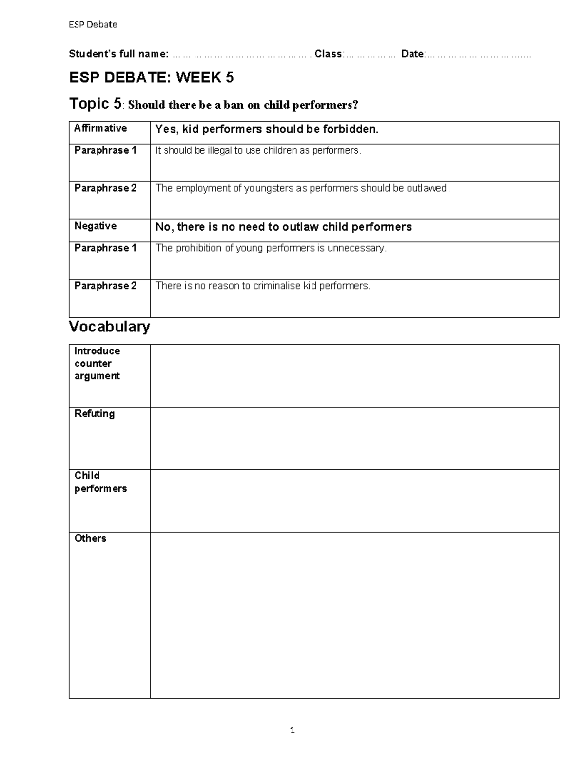 ESP Debate Week 5 Child Performers - Student’s full name