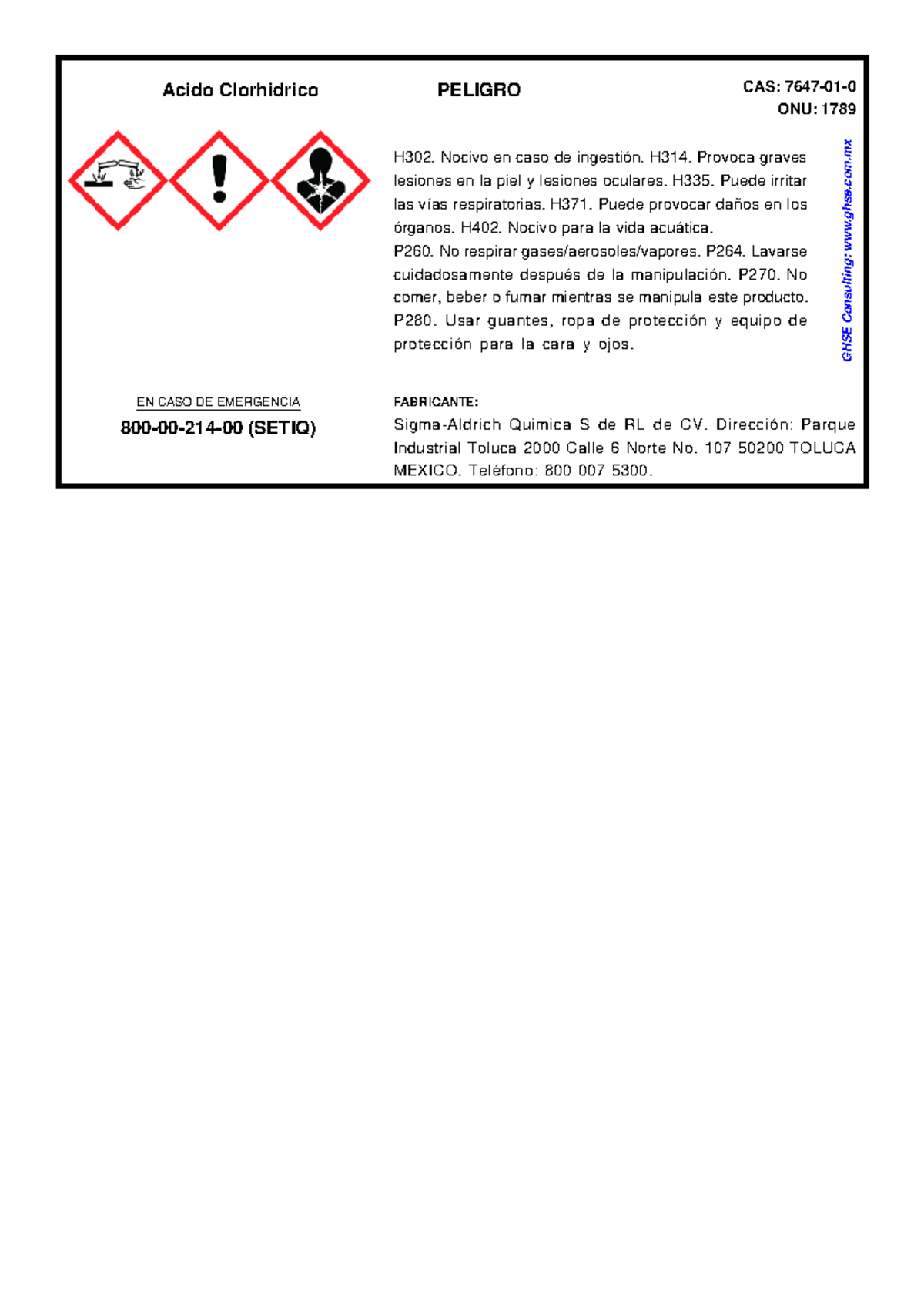Etiqueta Acido Clorhidrico - Acido Clorhidrico PELIGRO CAS: 7647-01 ...