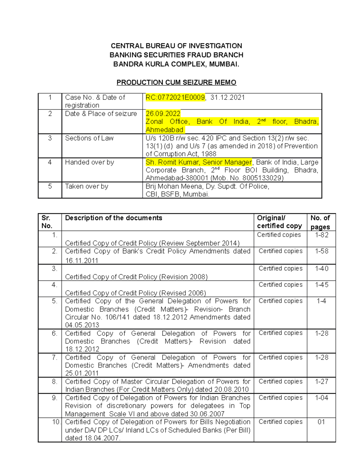 Production cum seizure memo - CENTRAL BUREAU OF INVESTIGATION BANKING ...