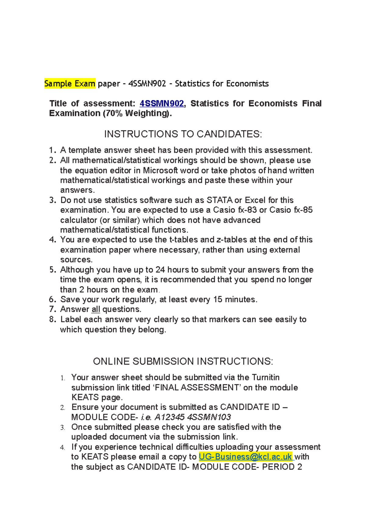 4SSMN902 Sample Exam Paper - Sample Exam paper – 4SSMN902 – Statistics ...