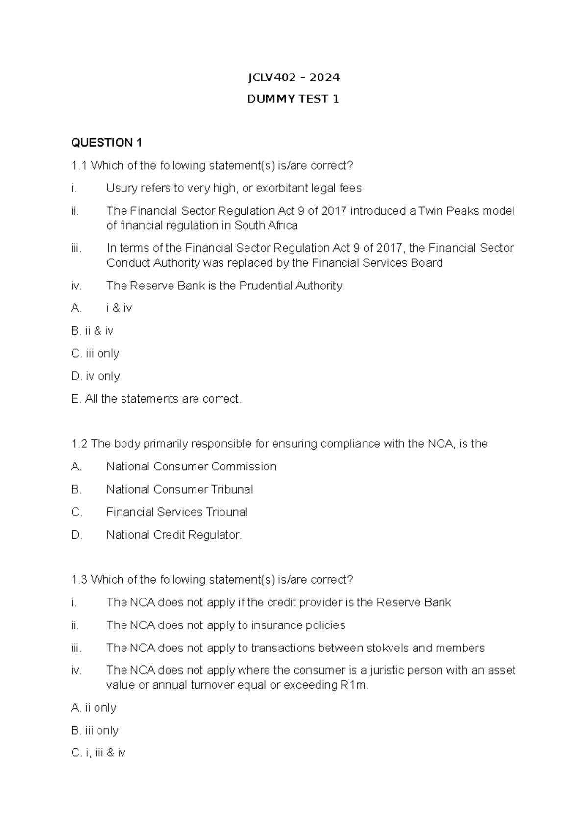 Dummy TEST - Practice content - JCLV402 – 2024 DUMMY TEST 1 QUESTION 1 ...