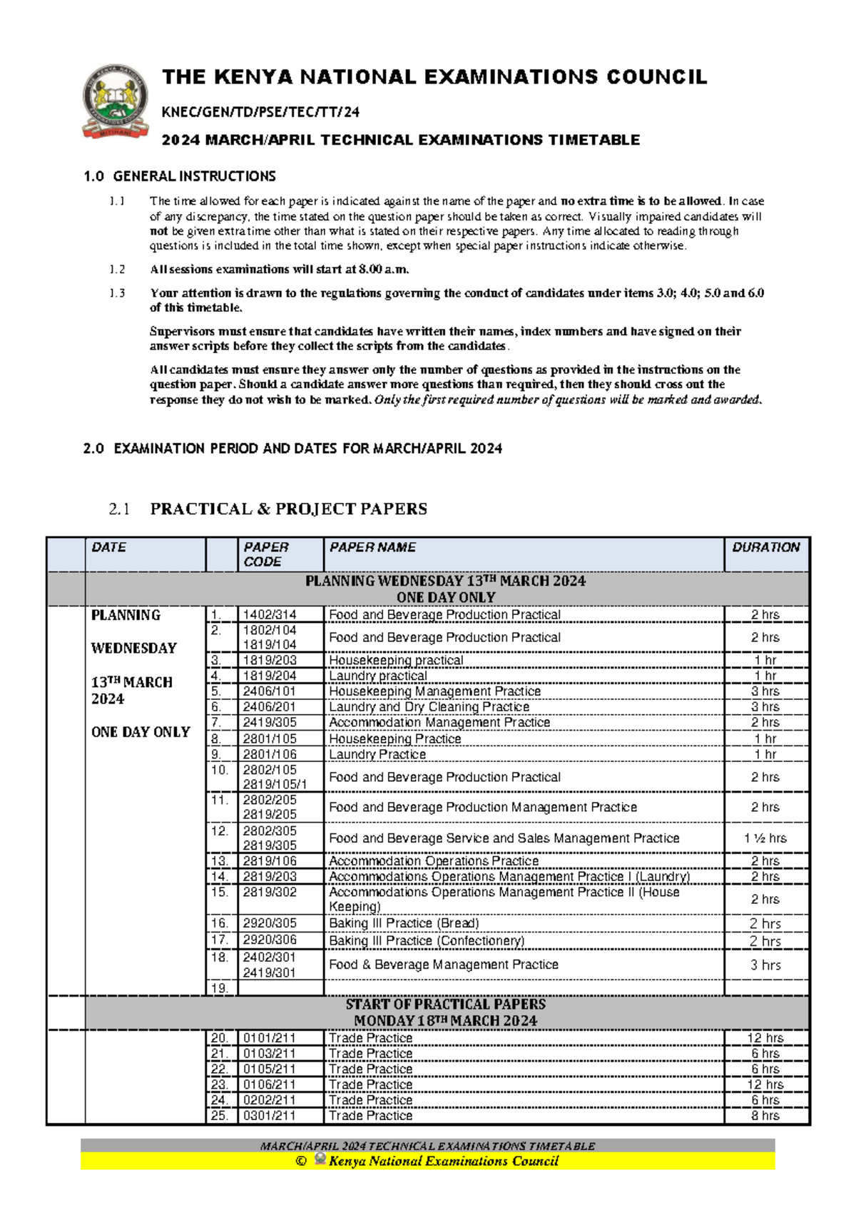 2024 March April Techinal Time Table 2 - MARCH/APRIL 2024 TECHNICAL EXAMINATIONS TIMETABLE THE ...