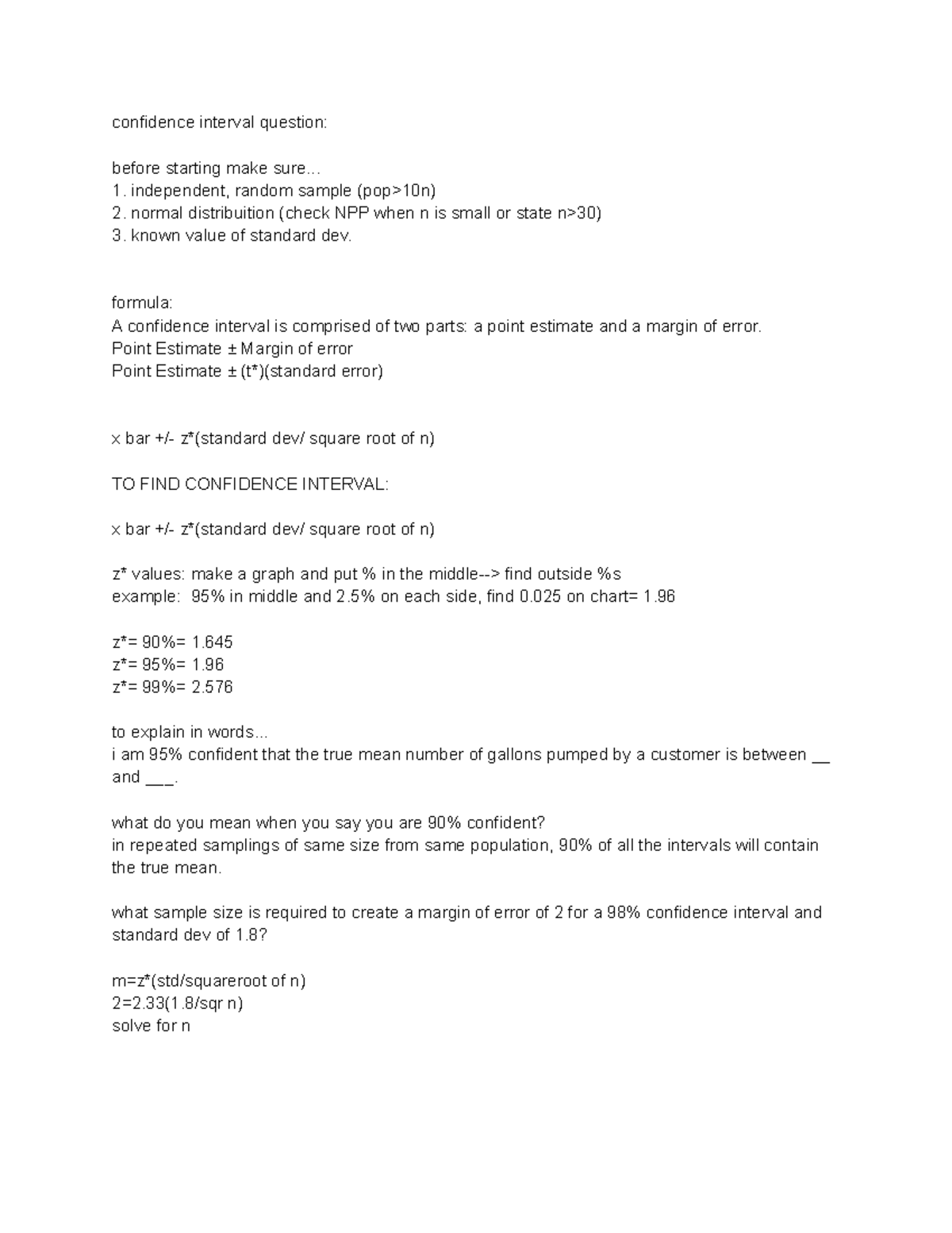 Stat Lecture Notes - confidence interval question: before starting make ...