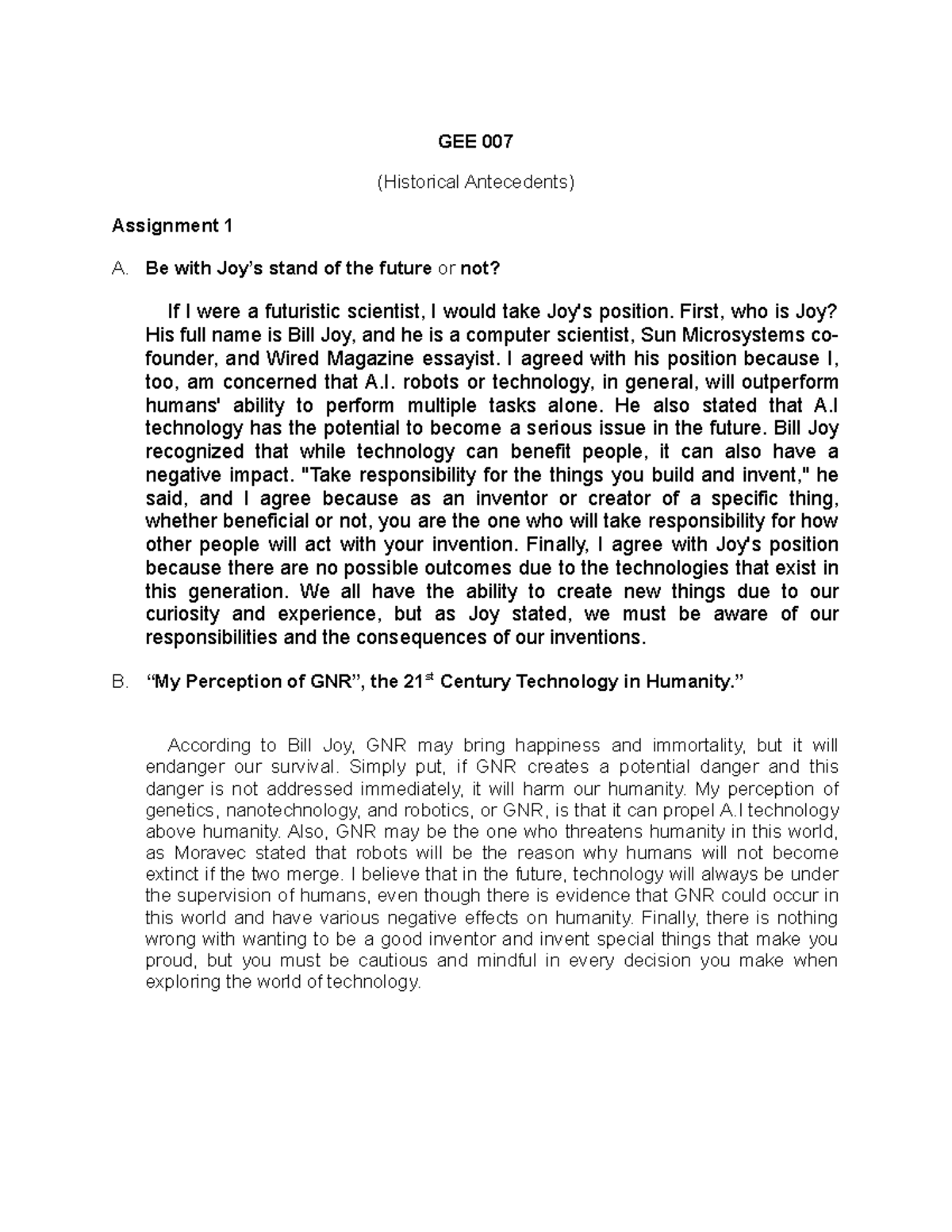 STS - Bill Joy - STS - Bill Joy - GEE 007 (Historical Antecedents ...